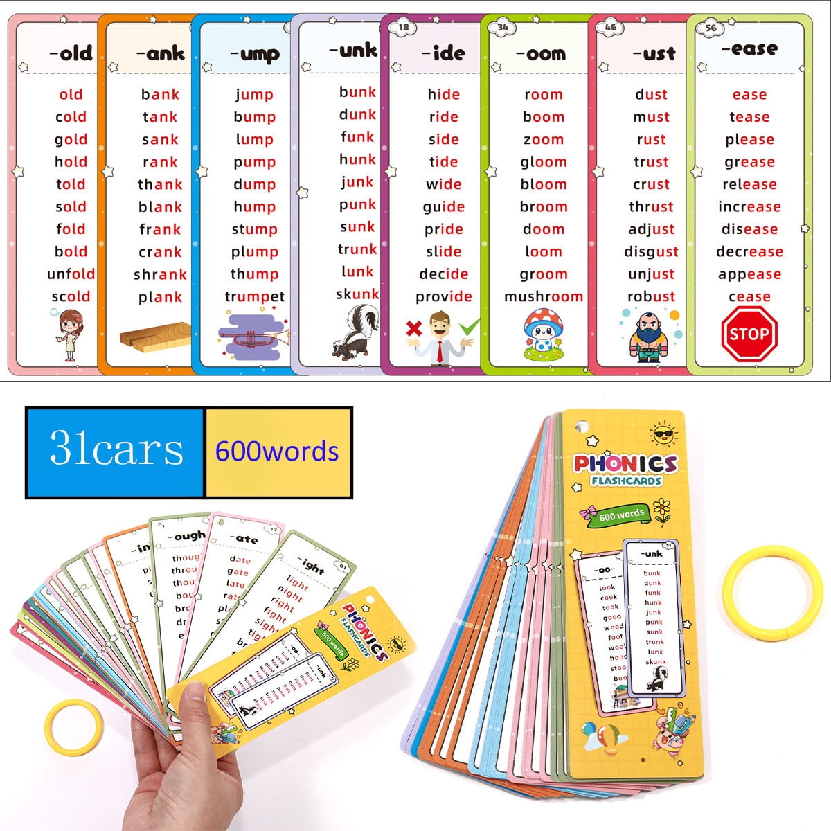 4 Packs Phonics Flash Cards with Rings, Educational Learning Flashcards ...