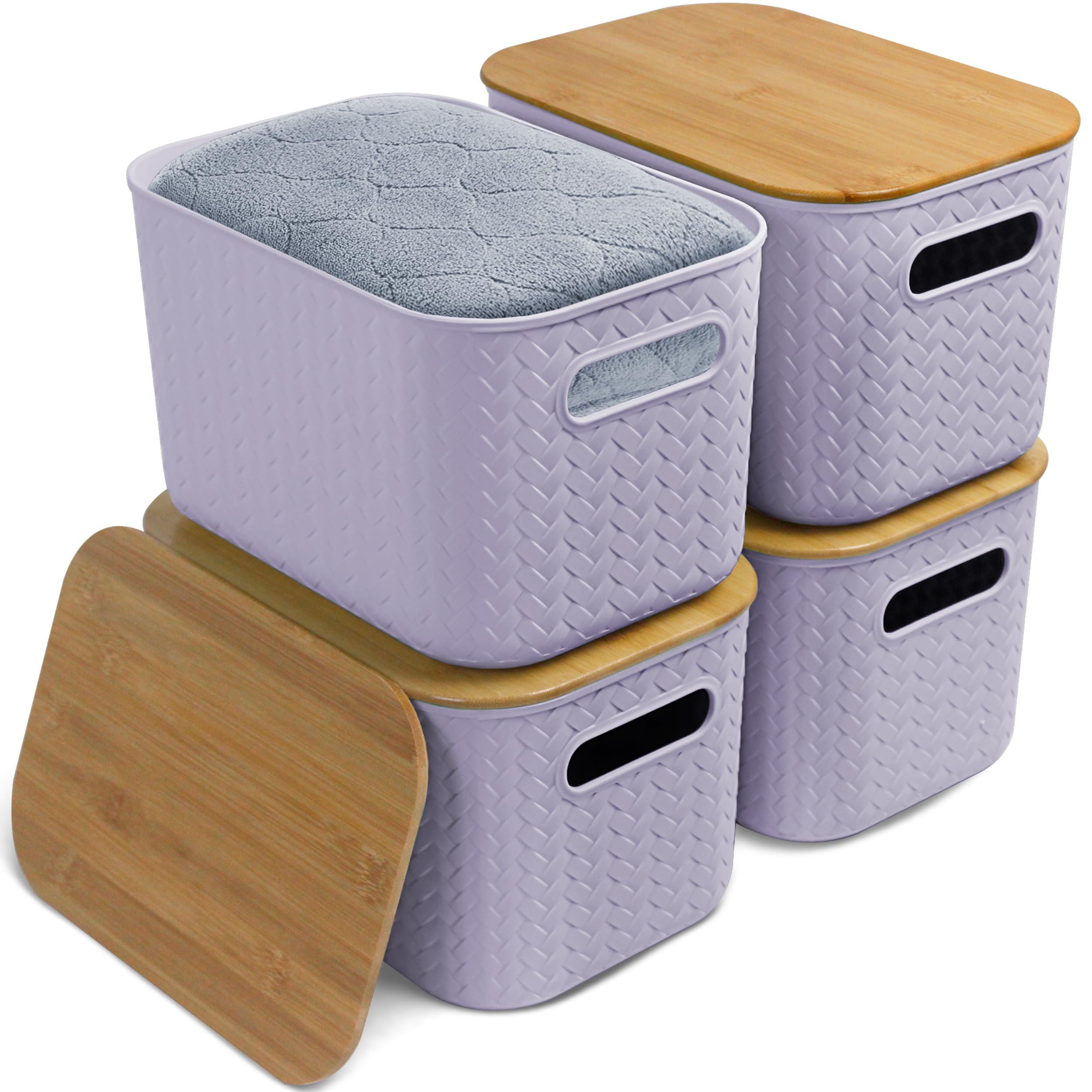 4 Packs Plastic Storage Bins With Bamboo Lids,Stackable Storage ...