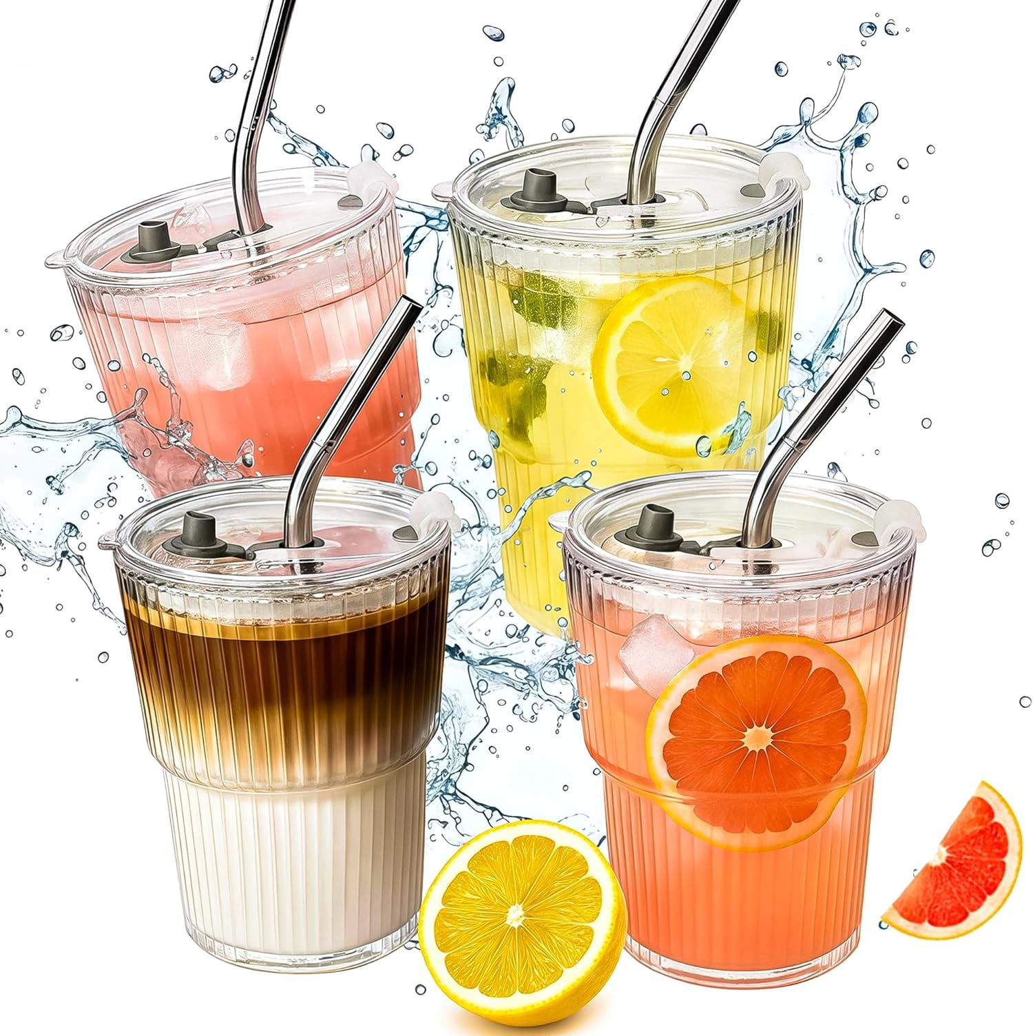 4 Packs Ribbed Glass Tumbler with Lid and Straw 13 oz Cute Ice Coffee ...