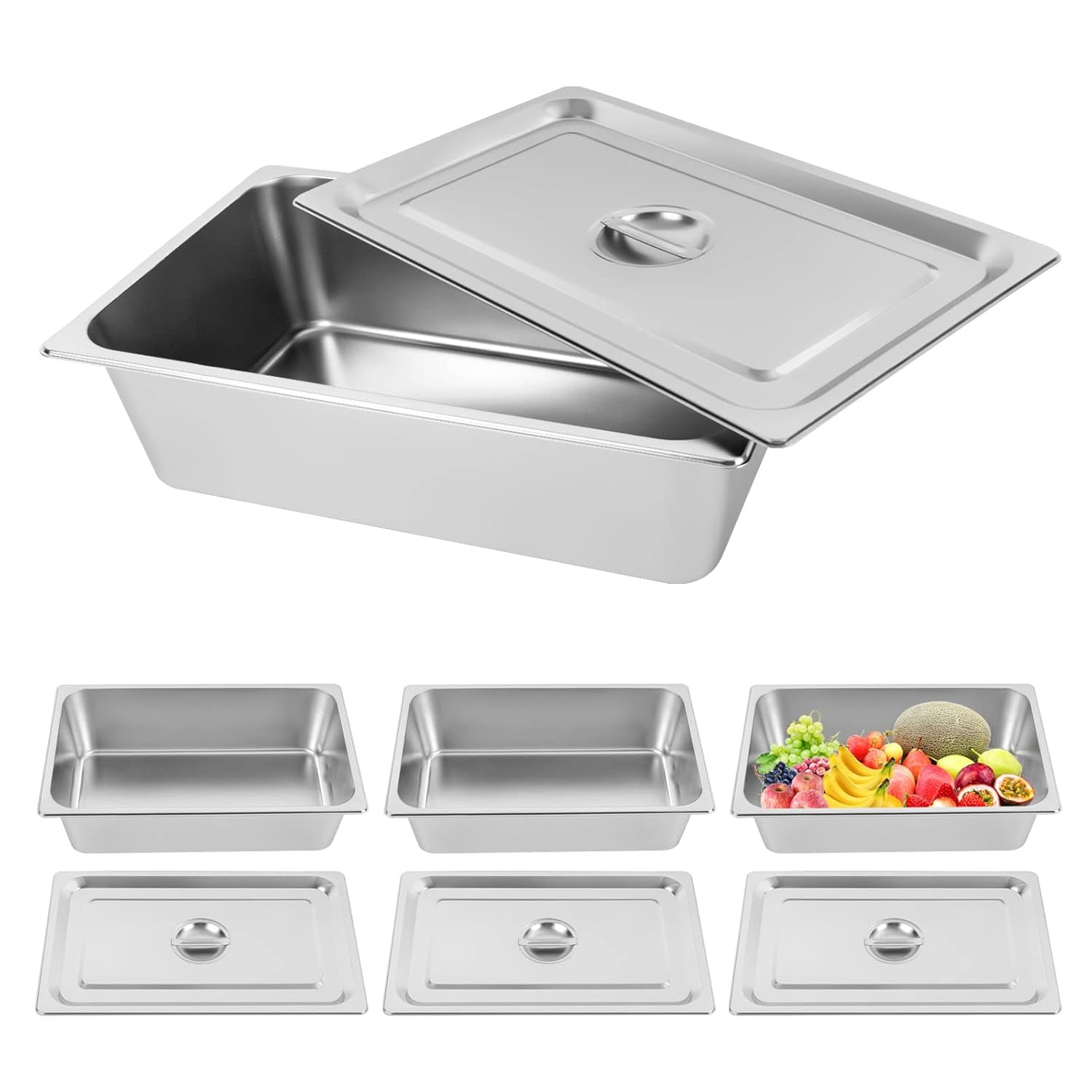 4 Packs Stainless Steam Hotel Pans with Lid,Stainless Steel Hotel Pan Anti Jam Steam Table Pan ...