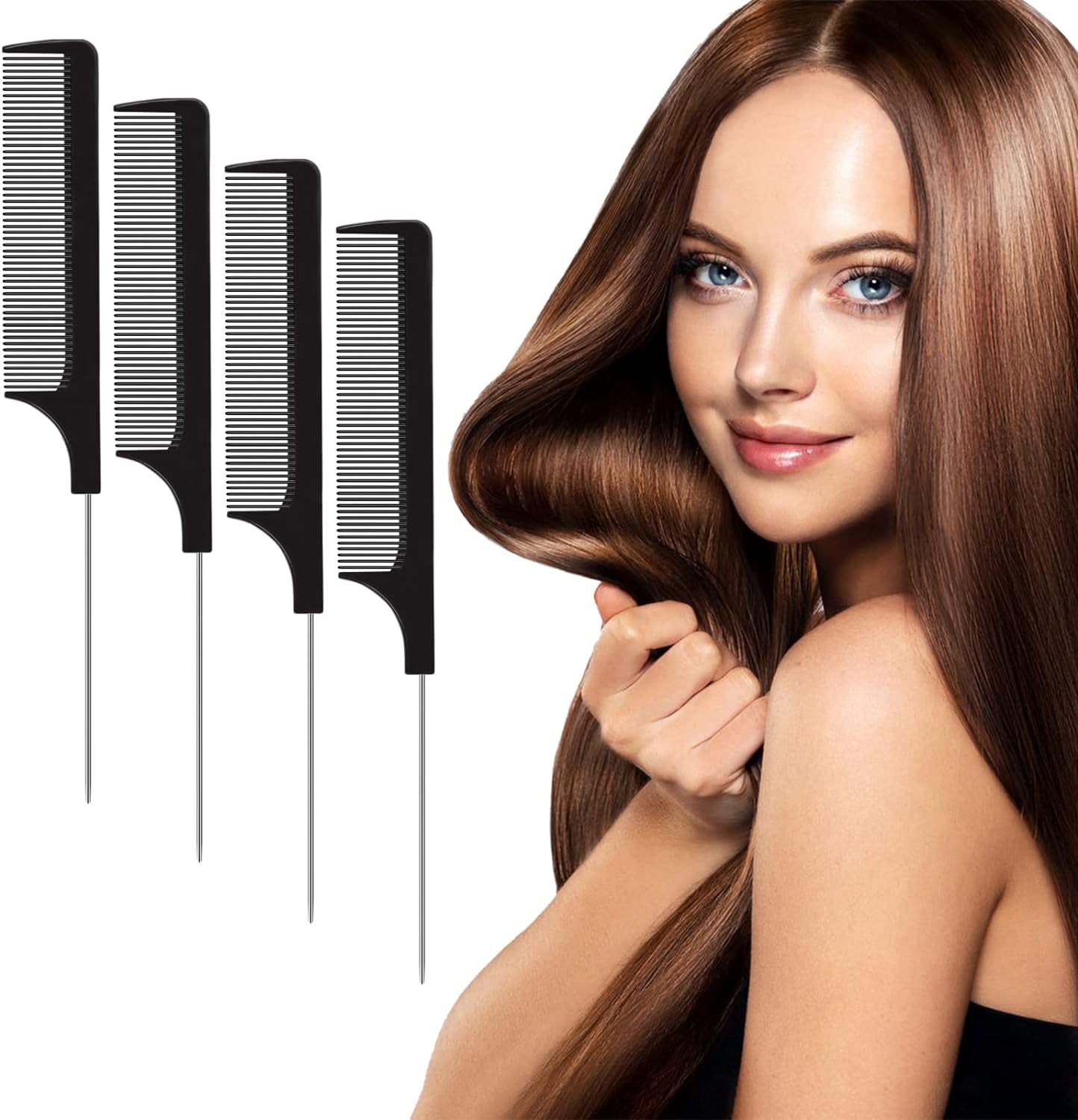 4 Packs Stainless Steel Rat Tail Combs, Professional Tail Comb Teasing ...