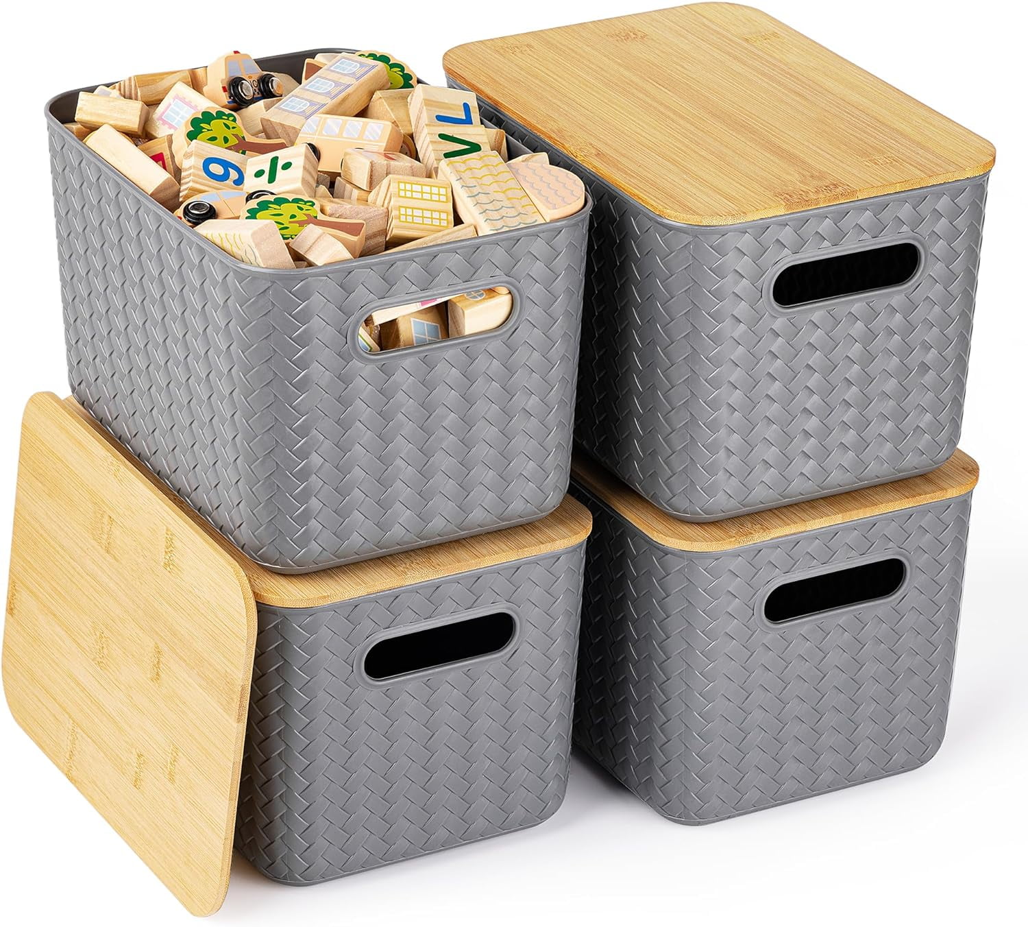 4 Packs Storage Bins with Bamboo Lids - Plastic Storage Containers with ...