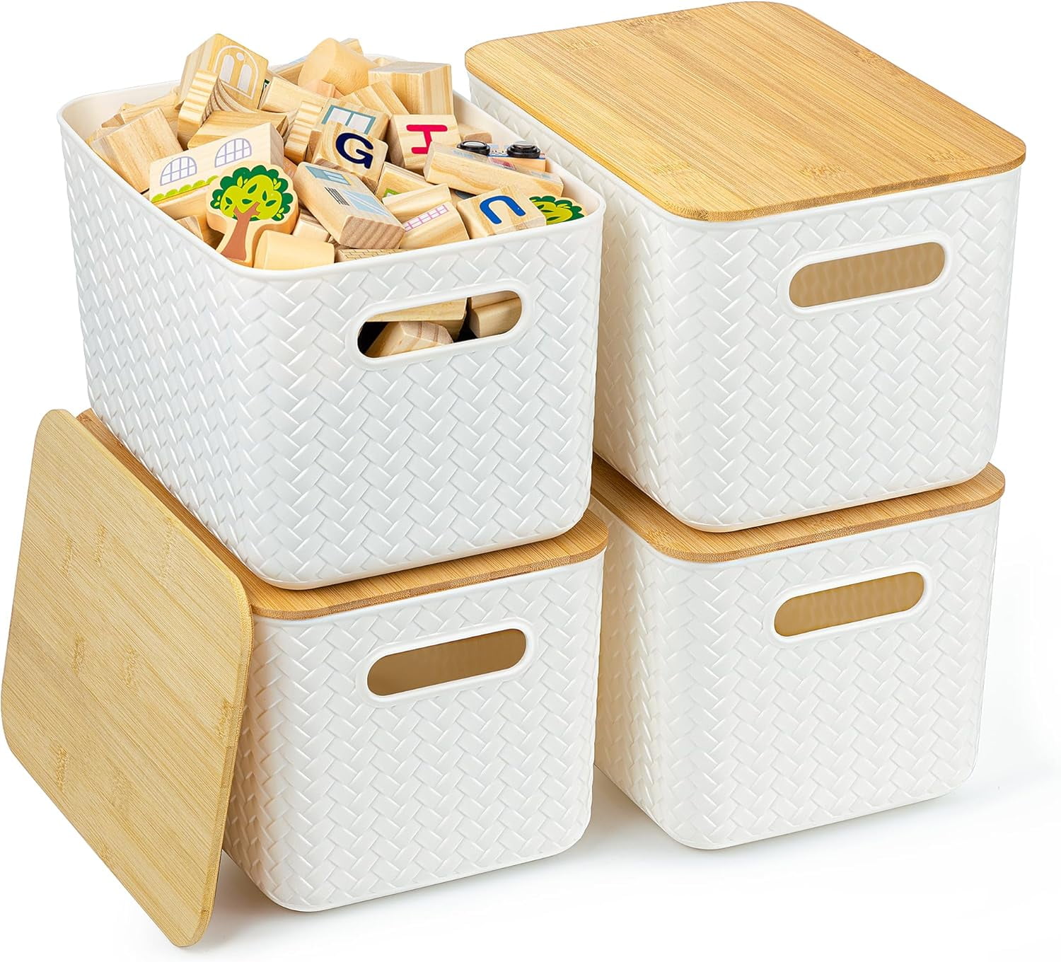 4 Pack Bamboo Lid Storage Bins - Stackable Plastic Containers for ...