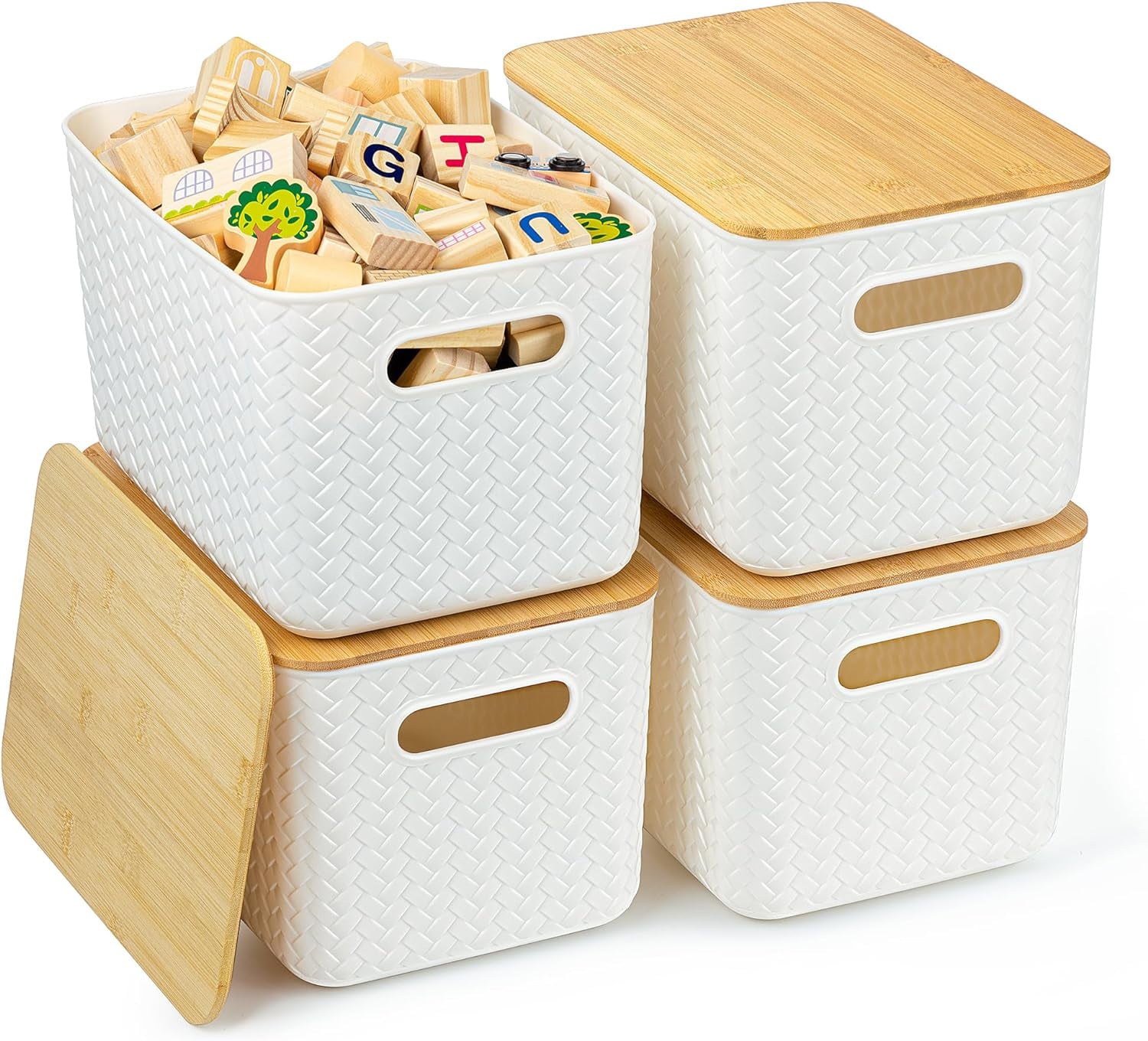 4 Packs Storage Bins with Bamboo Lids - Plastic Storage Containers with ...