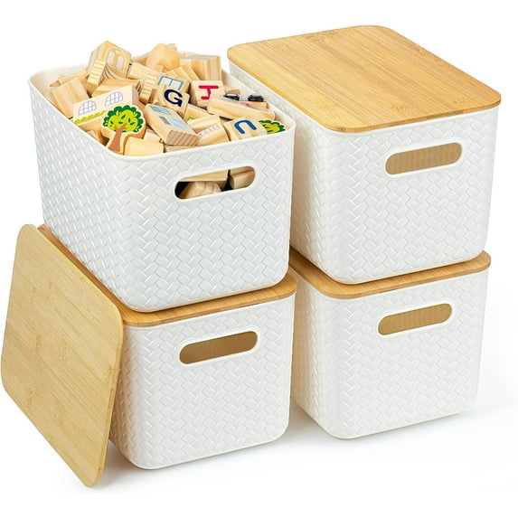 4 Packs Storage Bins with Bamboo Lids - Plastic Storage Containers with ...