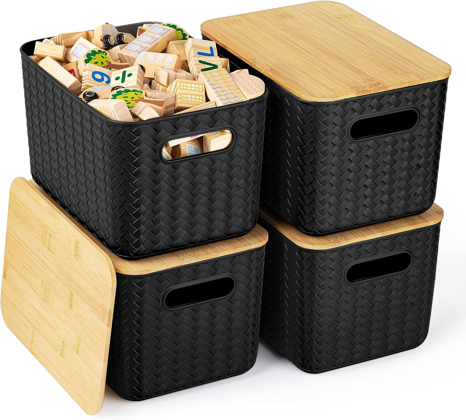 4 Packs Storage Bins with Bamboo Lids - Plastic Storage Containers with ...