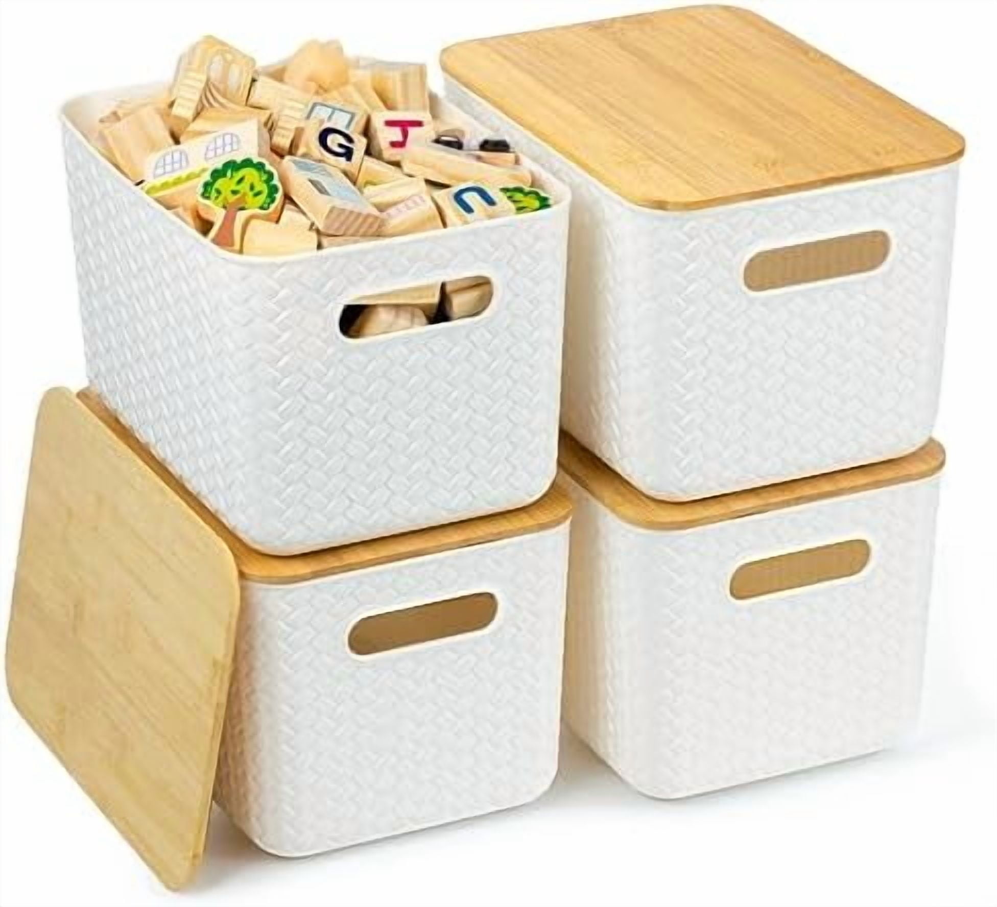 4 Packs Storage Bins with Bamboo Lids - Plastic Storage Containers with ...
