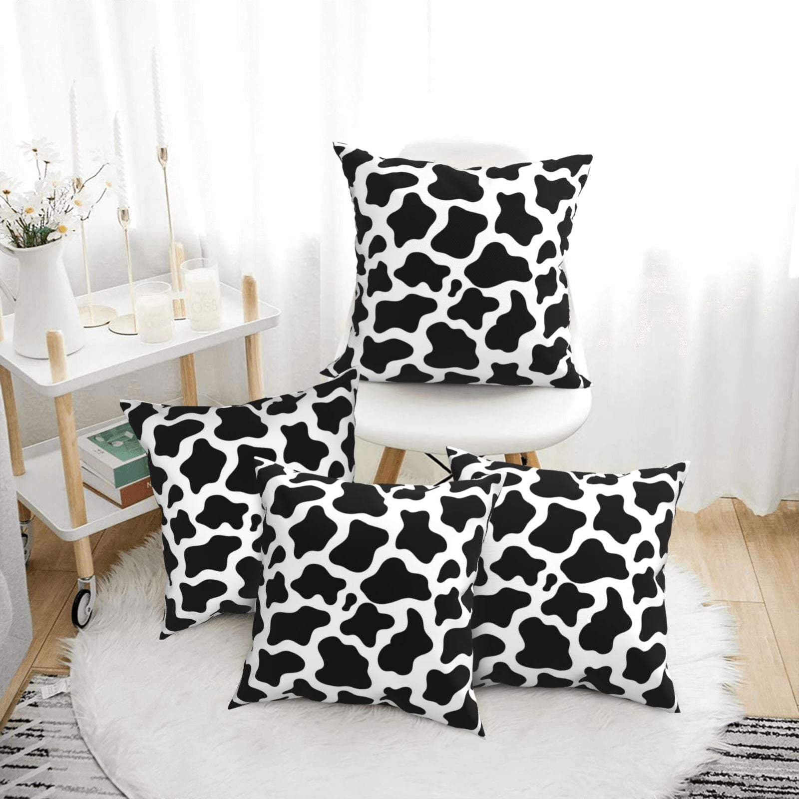 4 Packs Throw Pillow Covers Cow Print Black White Soft Decorative ...