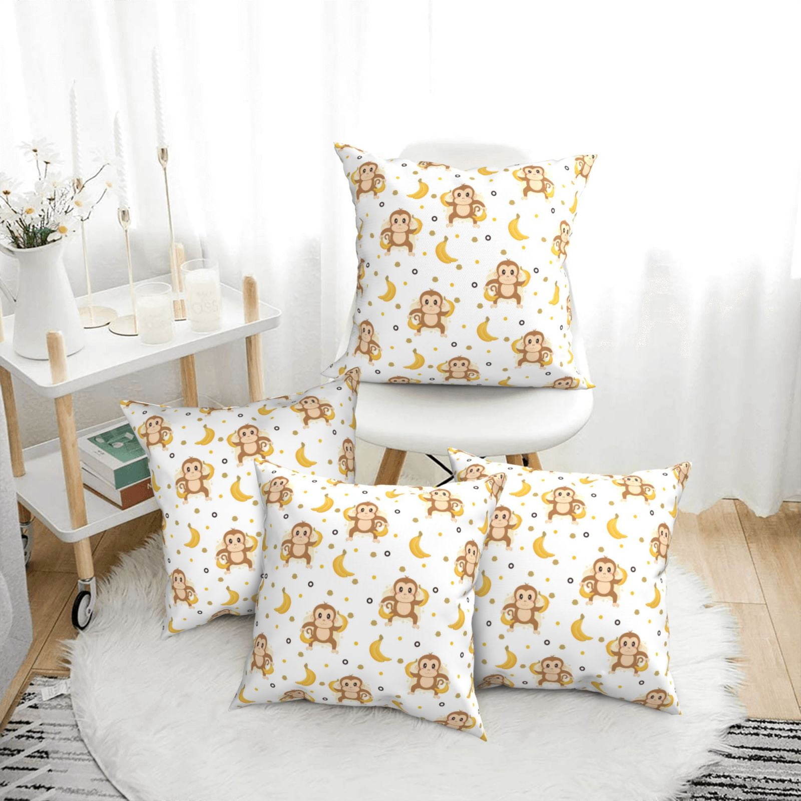 4 Packs Throw Pillow Covers Cute Banana Monkey Soft Decorative Pillow ...