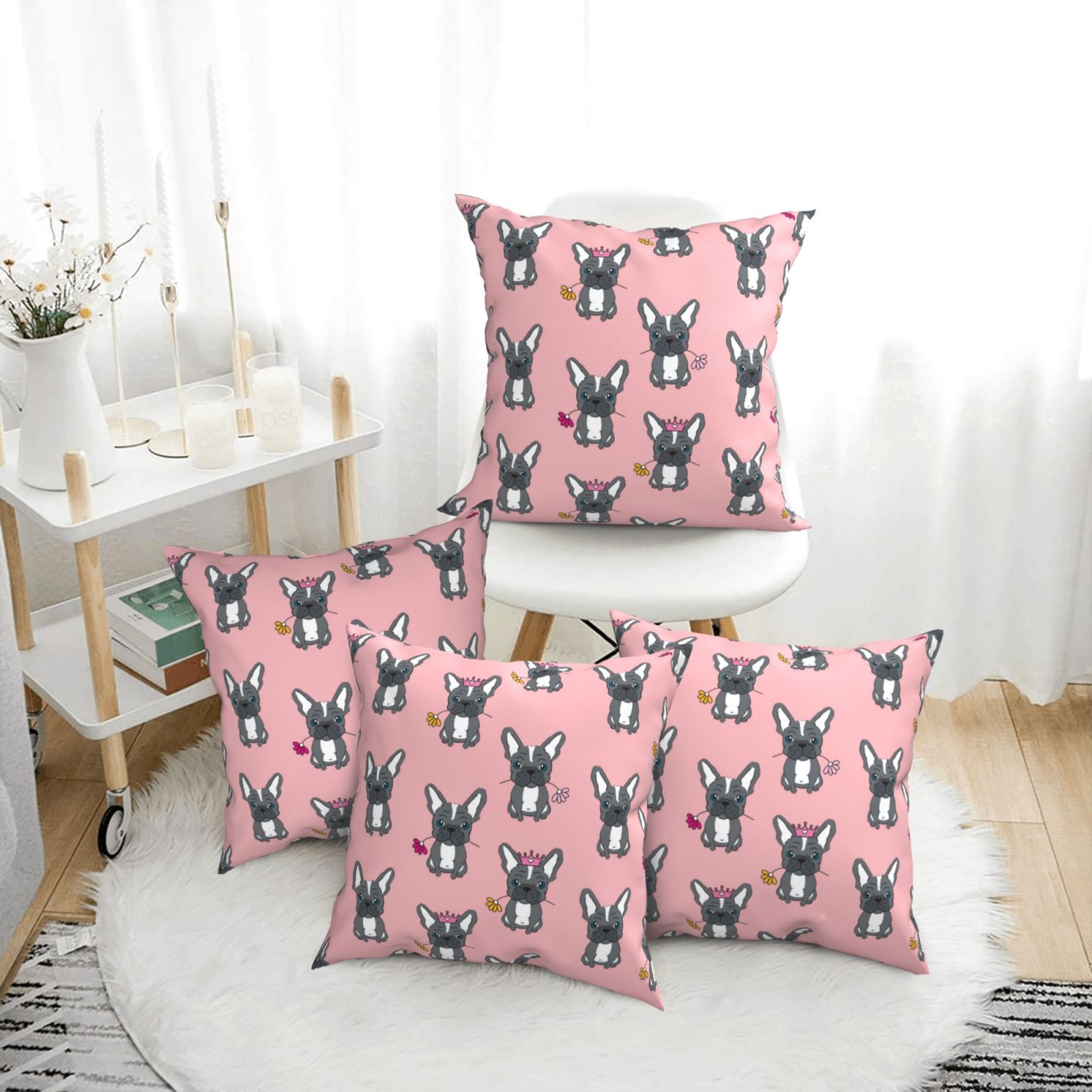 4 Packs Throw Pillow Covers Cute French Bulldog Flower Pink Soft ...