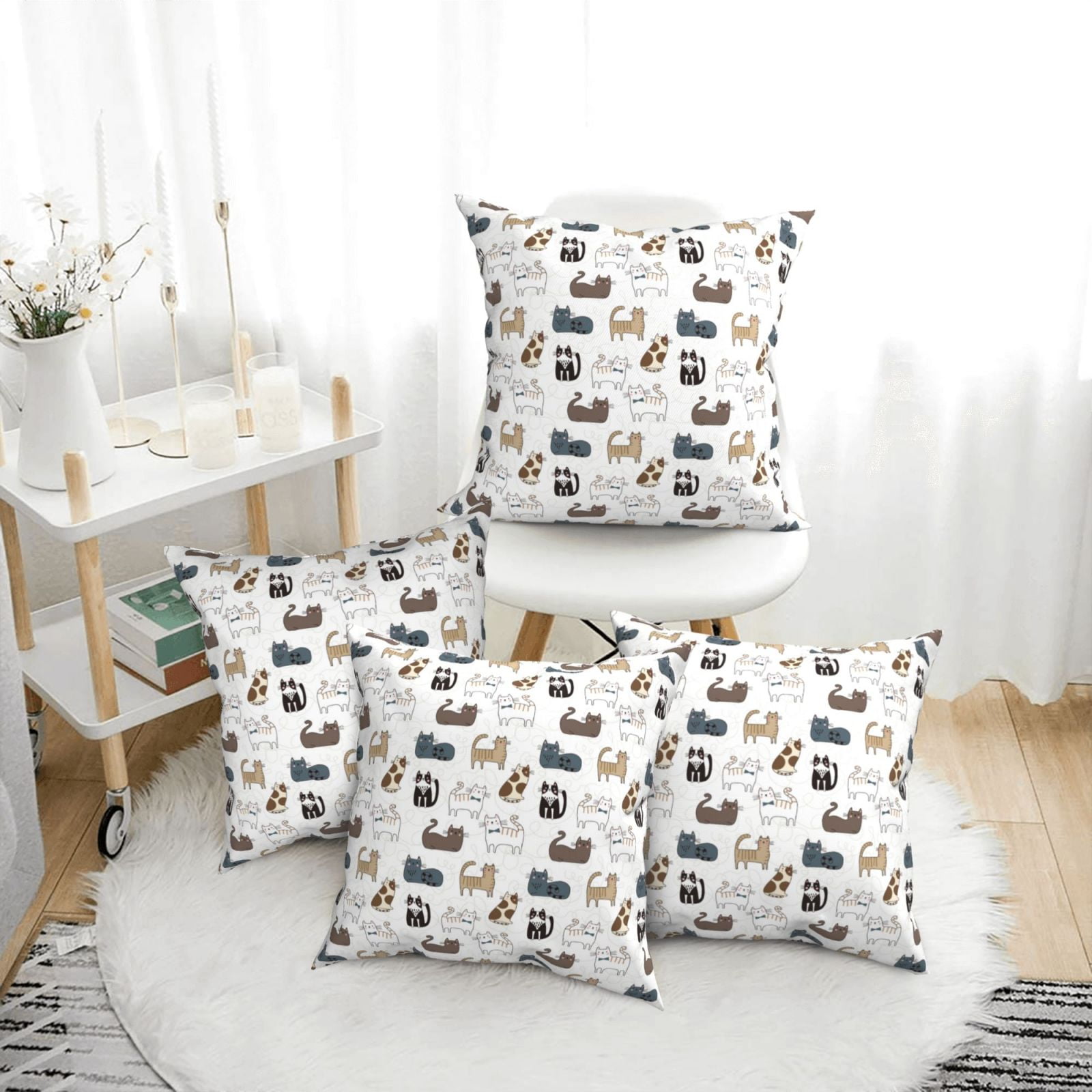 4 Packs Throw Pillow Covers Minimalist Cute Cartoon Cat Soft Decorative ...