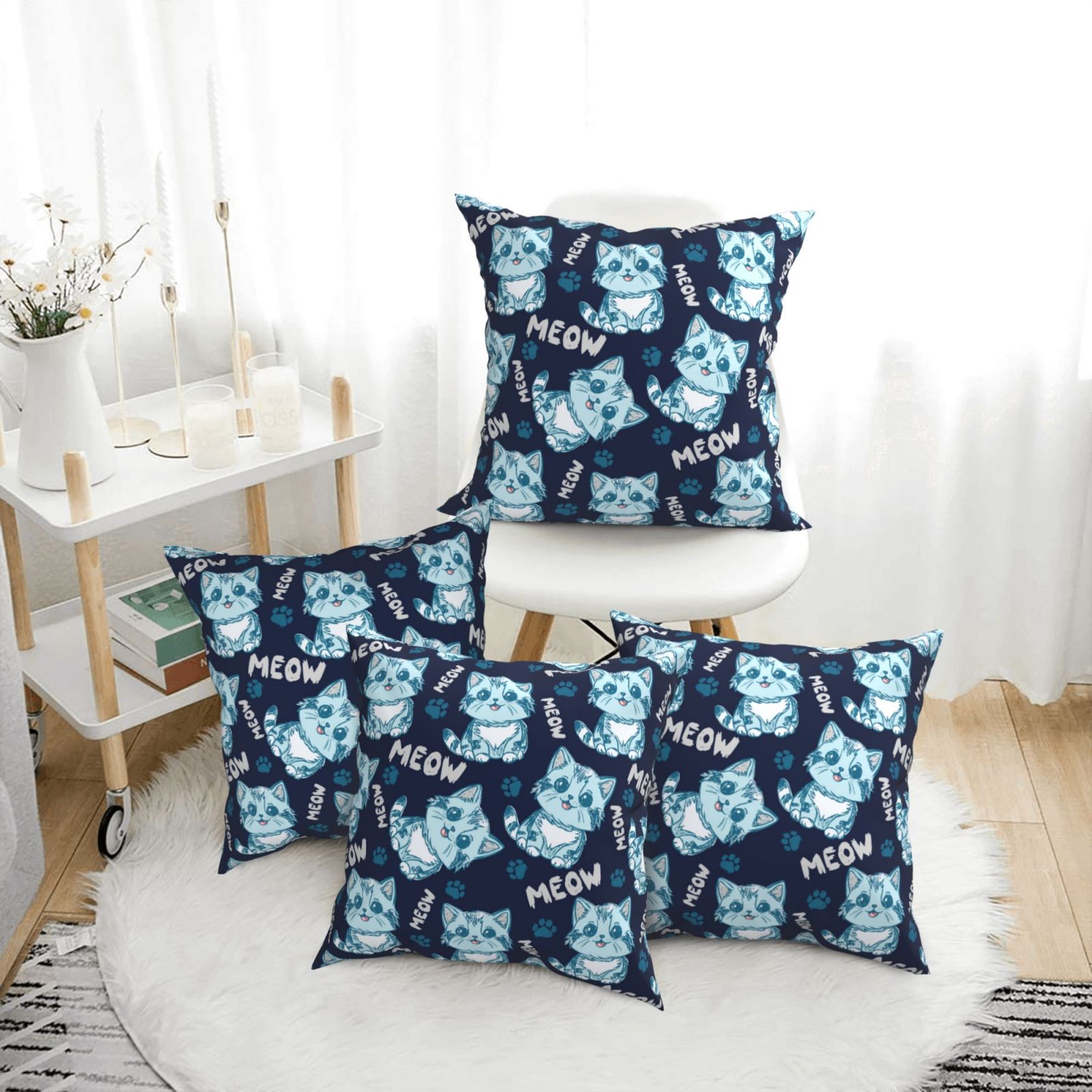 4 Packs Throw Pillow Covers Sketch Cartoon Cat Paw Blue Soft Decorative ...