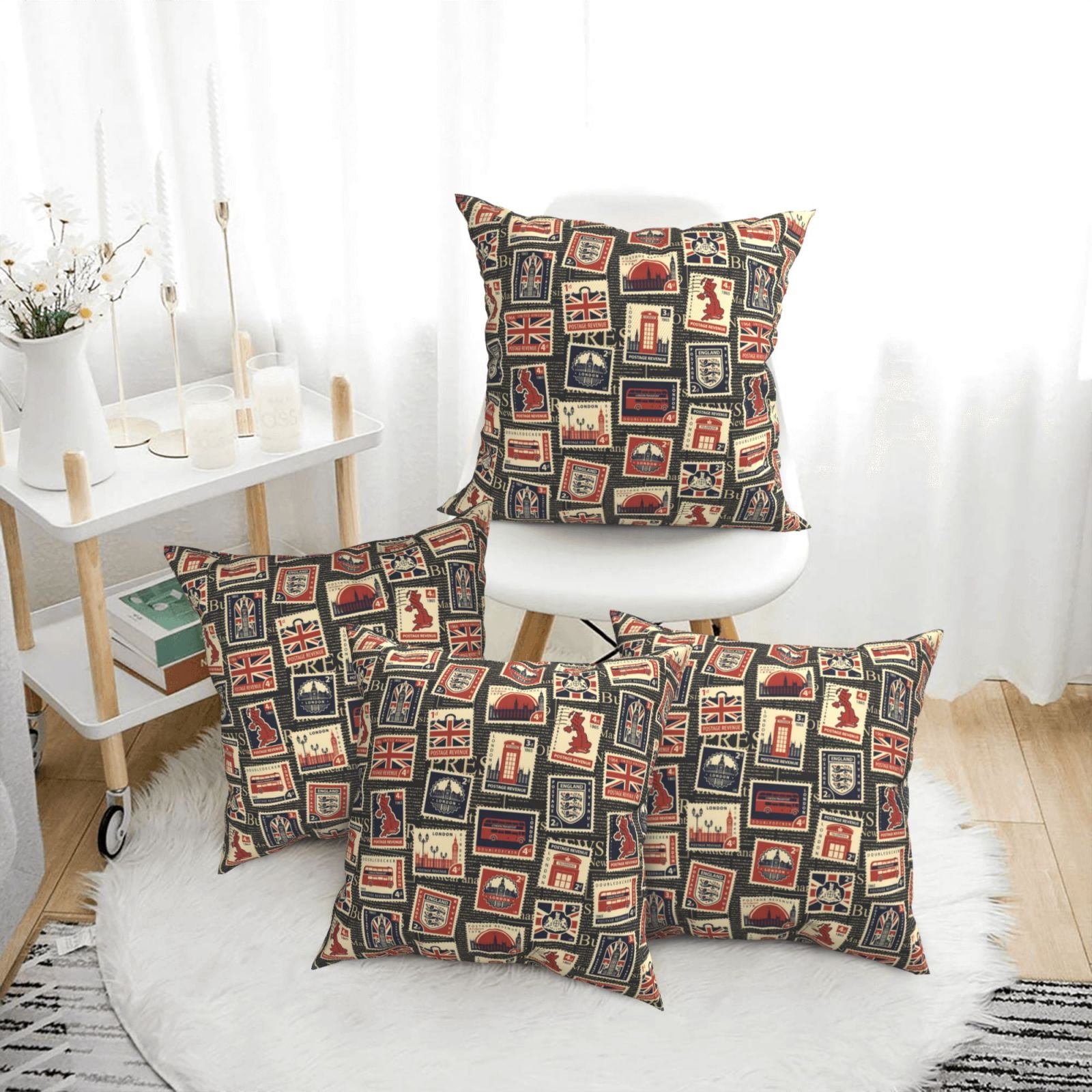 4 Packs Throw Pillow Covers Stamp Pattern England Soft Decorative ...