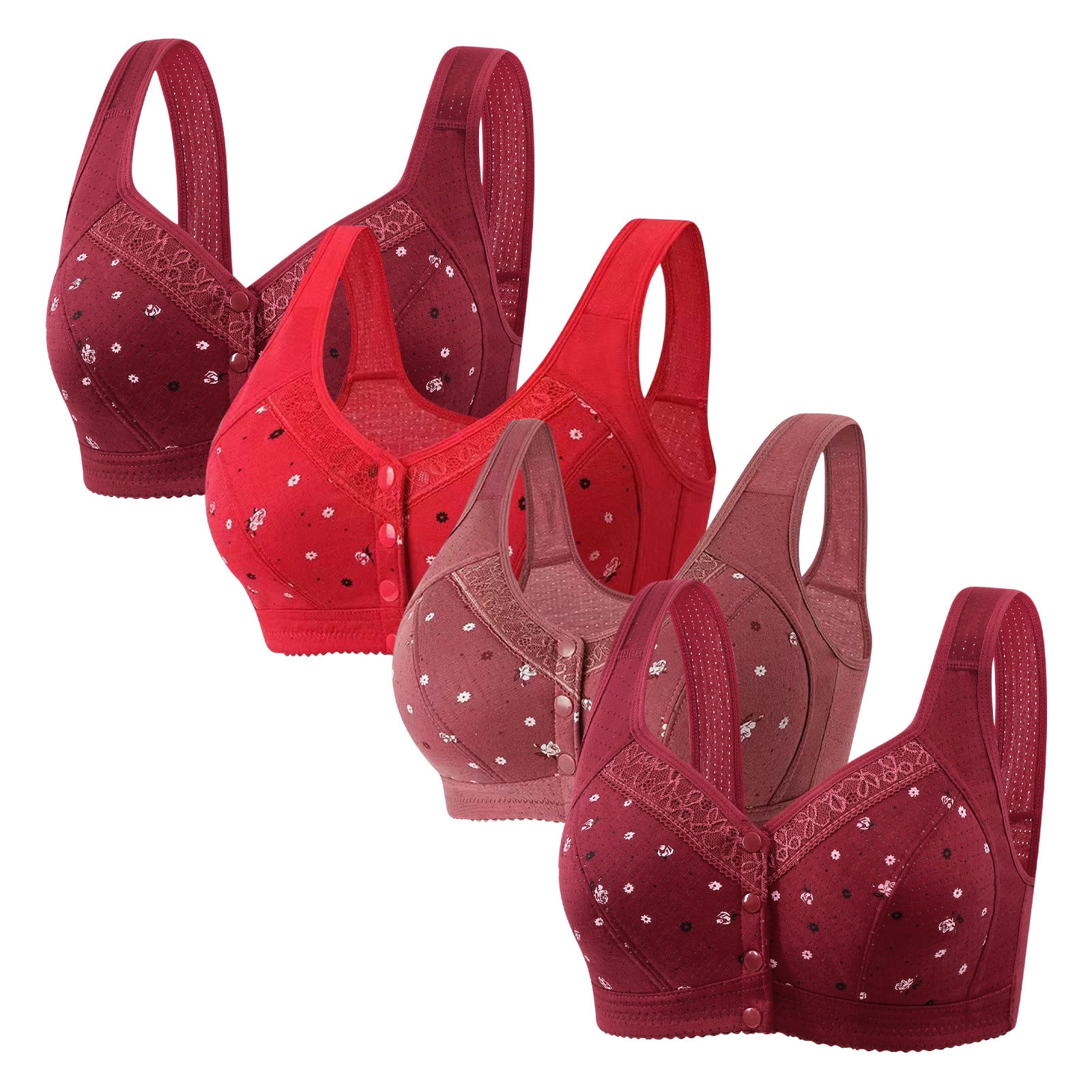 4 Packs Women Daisy Bra Convenient Front Close Button Bras Older Women Comfort Cotton Bras No