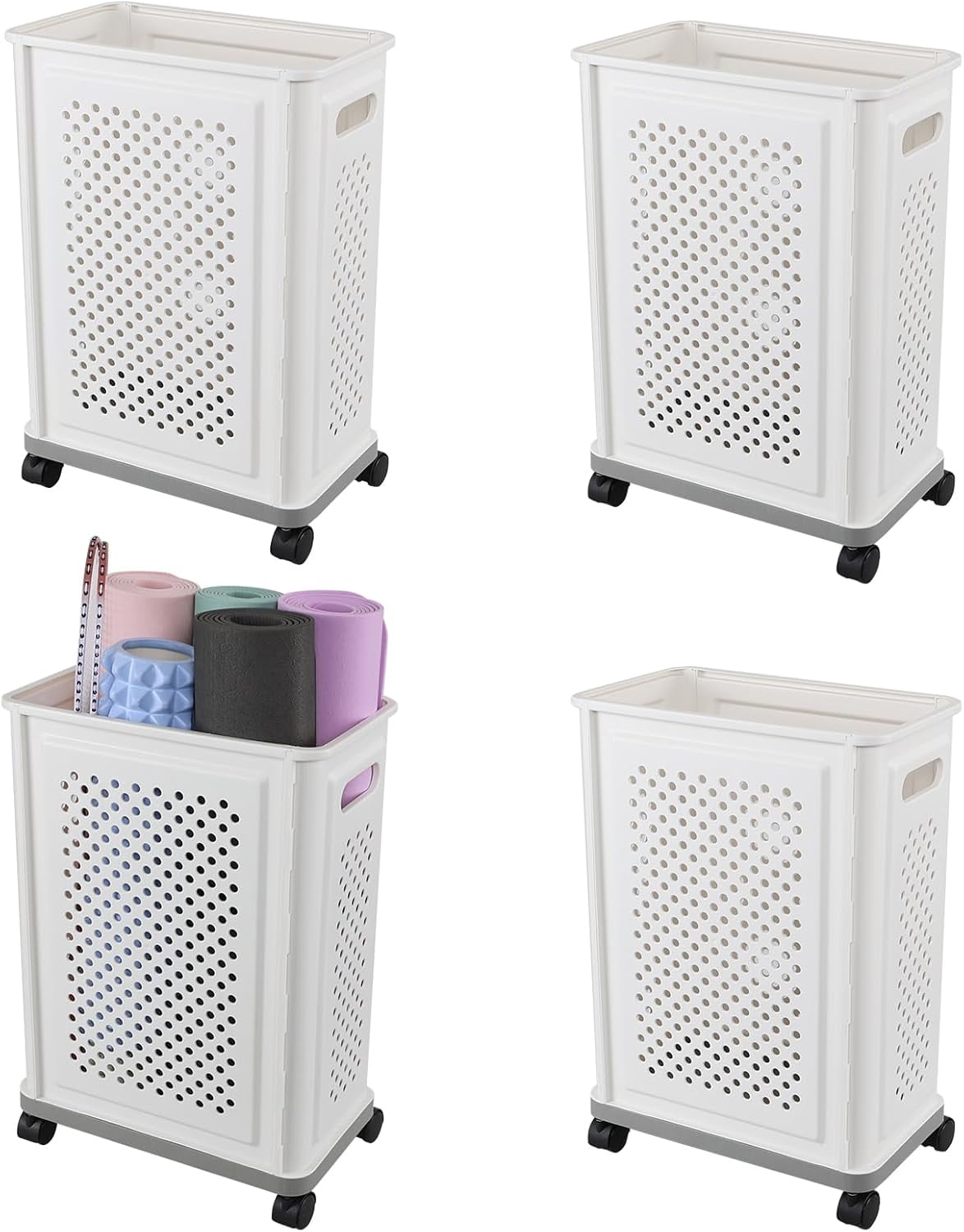 4 Packs Yoga Mat Storage Bins with Wheels, White Slim Laundry Hamper ...