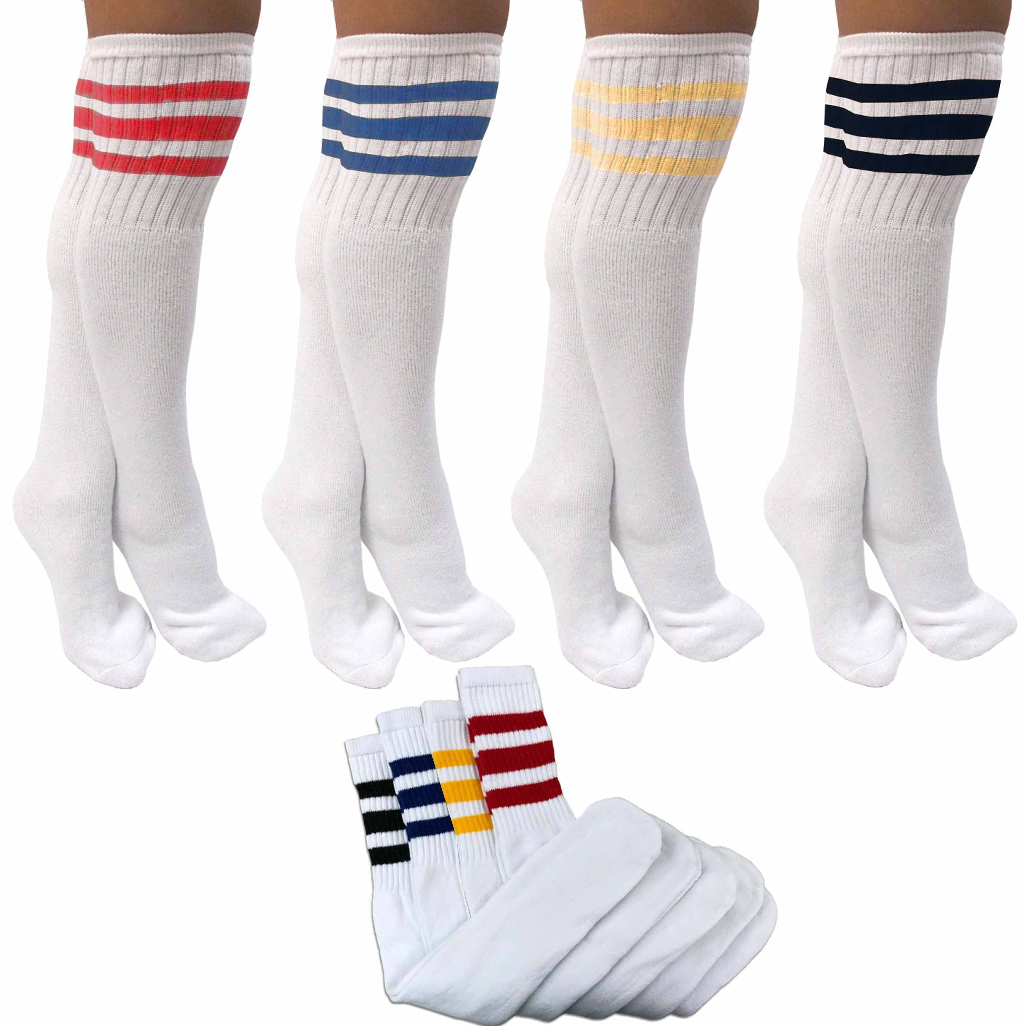 4 Pair Assorted Knee High Tube Socks 3 Stripe Old School 24" Soccer ...