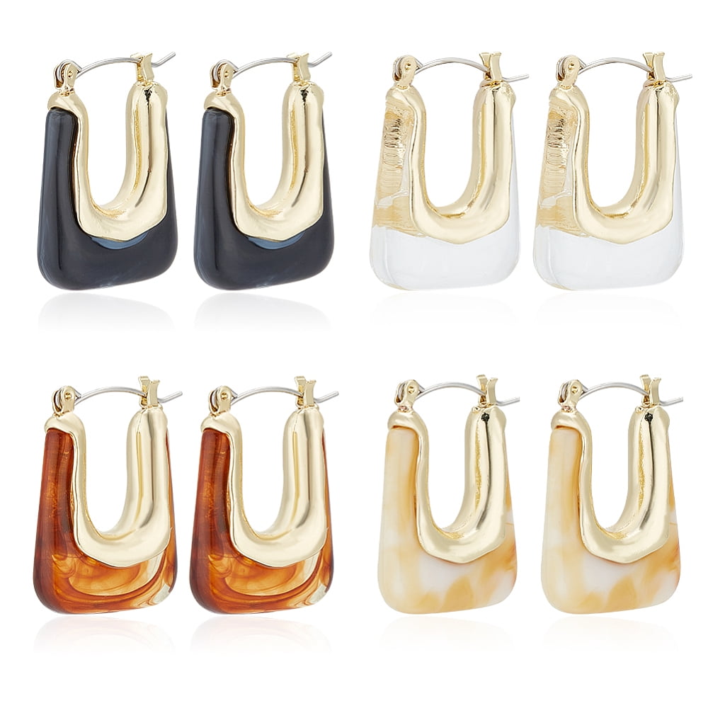 4 Pairs 4 Colors Acrylic Rectangle Hoop Earrings Golden Alloy Jewelry ...