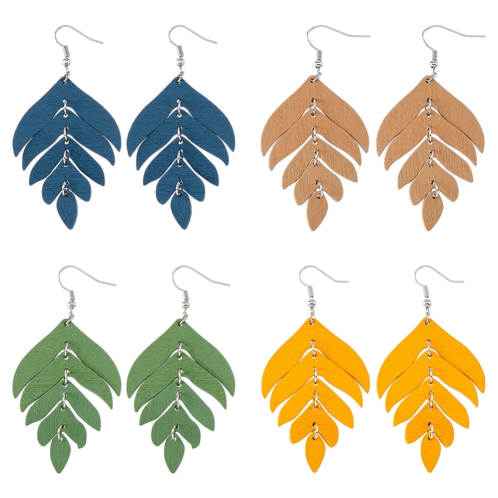 4 Pairs 4 Colors Wooden Leaf Drop Dangle Earrings Nature Wood Chain ...