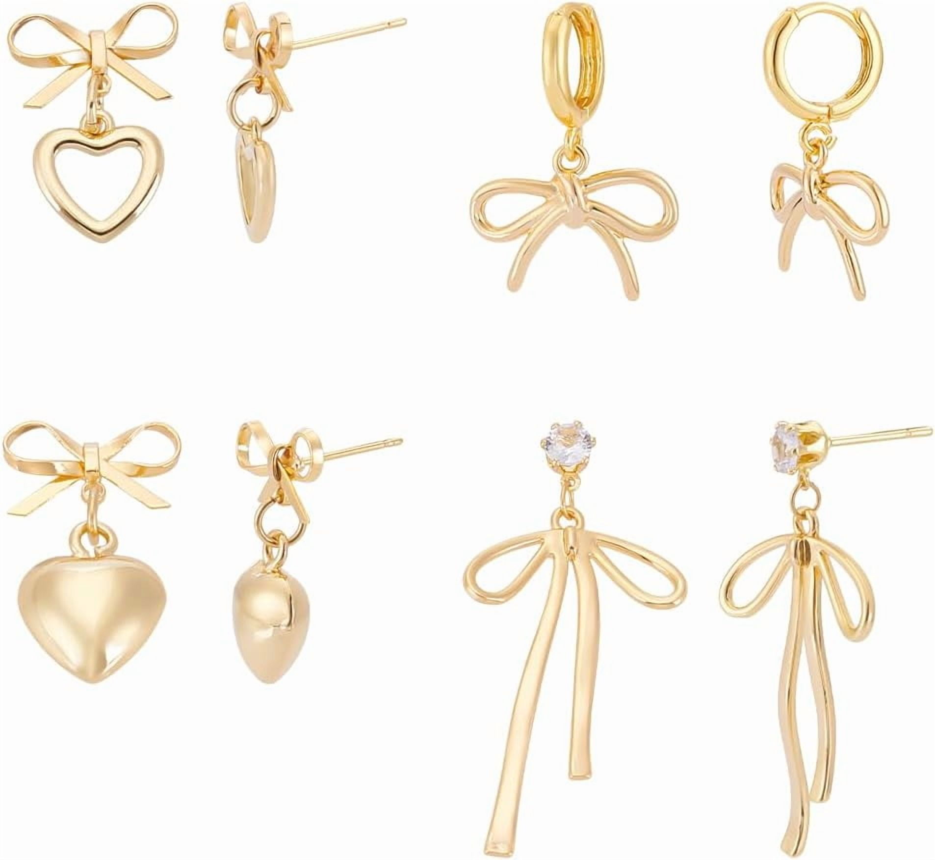 4 Pairs 4 Styles 18K Gold Plated Heart Dangle Earrings Ribbon Stud Earrings for Women Bowknot ...