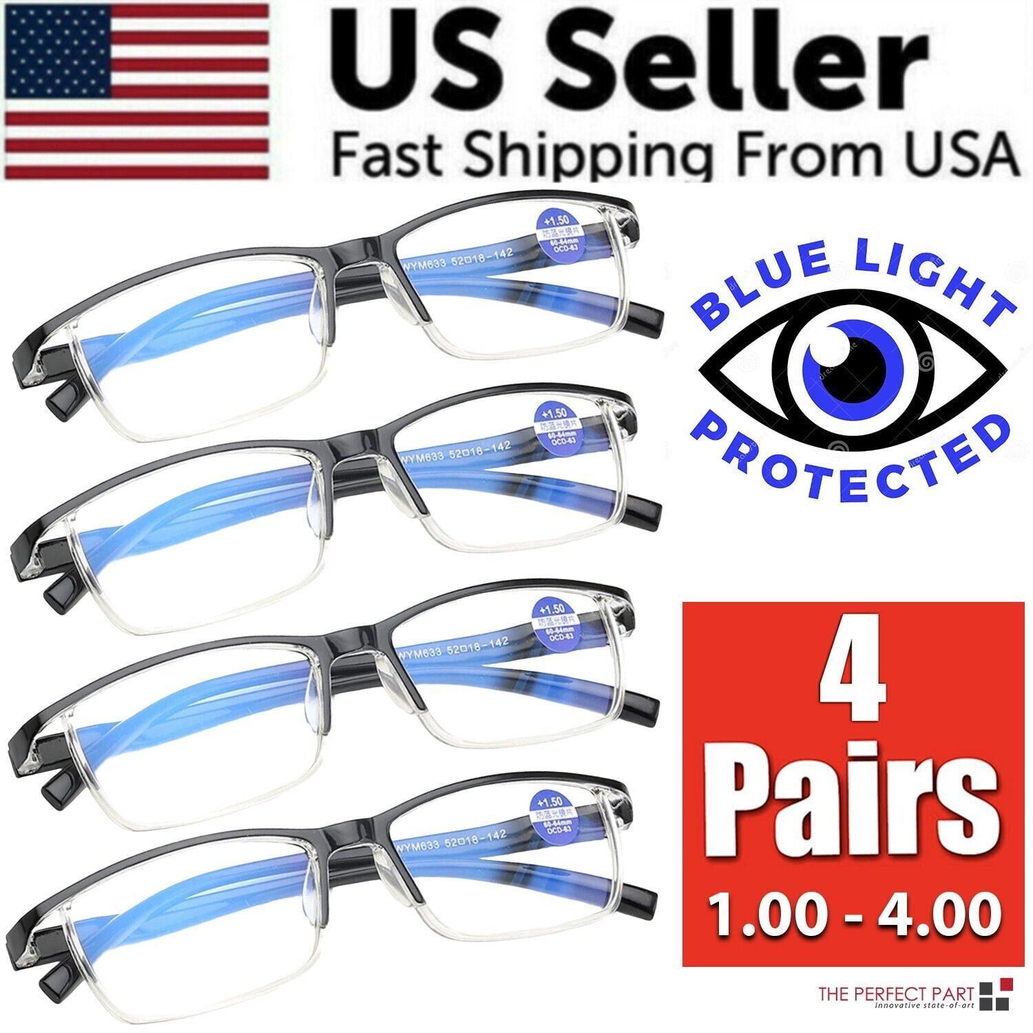 4 Pairs Anti-Blue Light Reading Glasses HD Lenses Spring Hinge Readers ...