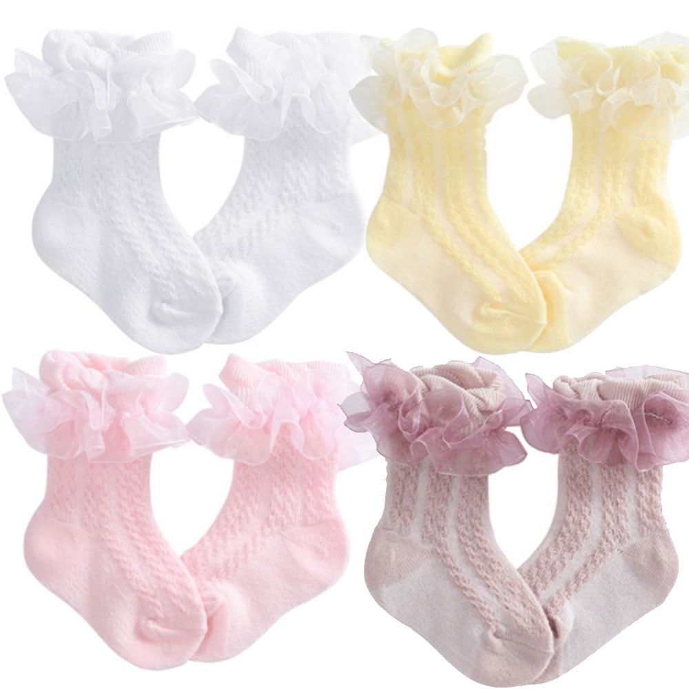 4 Pairs Baby Girls Socks Newborn Ruffle Lace Socks Princess Frilly Knit ...