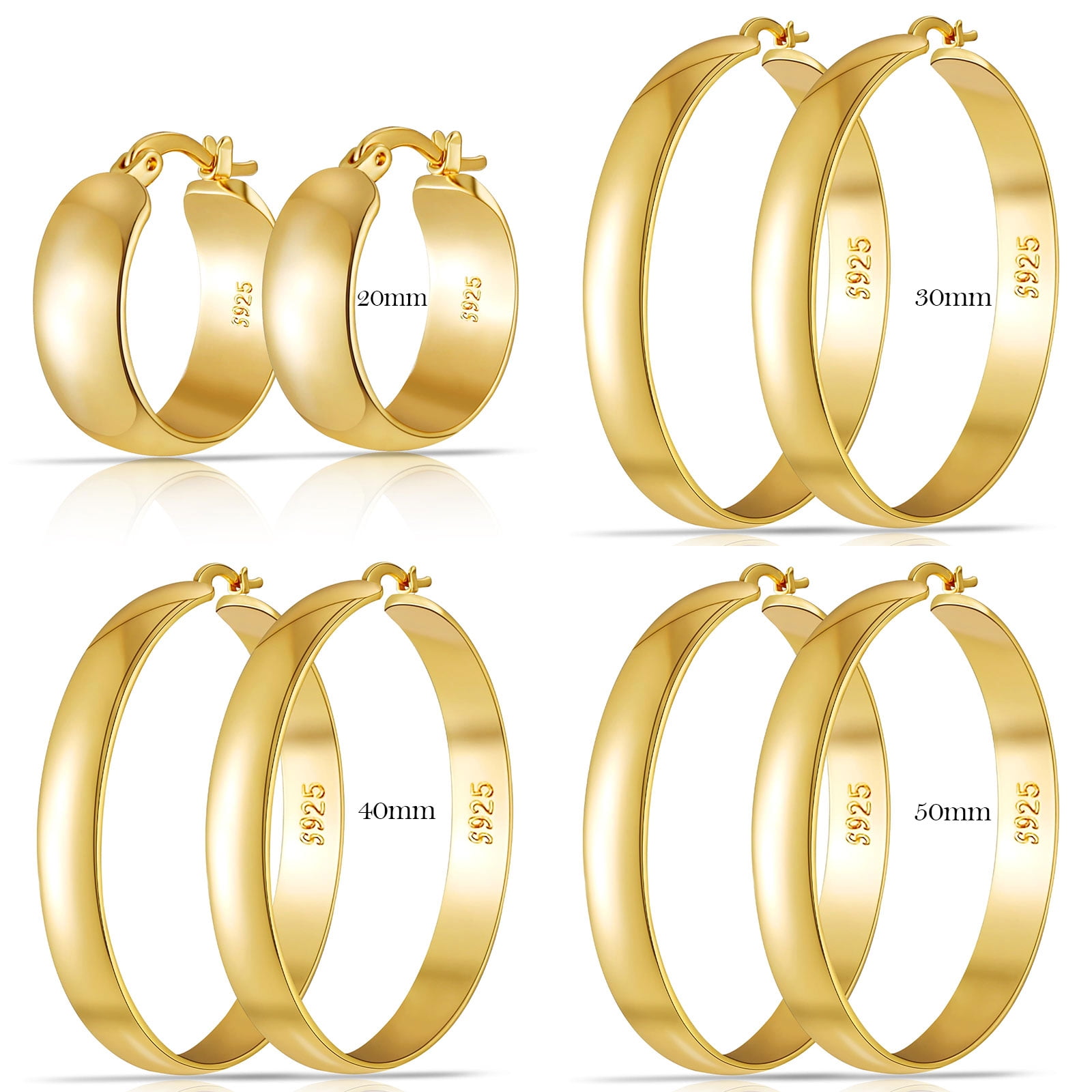4 Pairs Big Large Extra Chunky 14k Gold Plated Sterling Silver Hoops ...