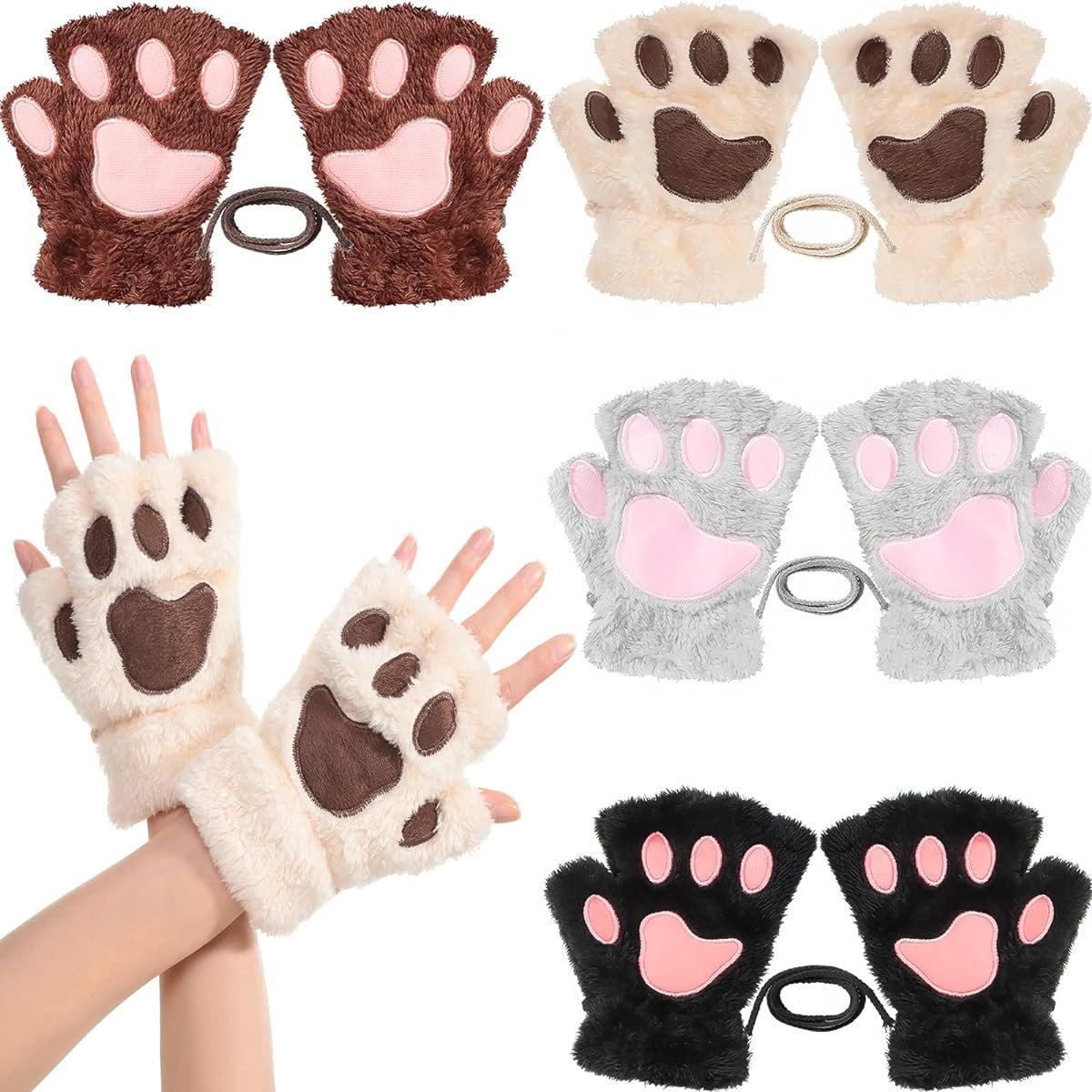 4 Pairs Cat Paw Gloves Fingerless Gloves Mittens Half Finger Paw Gloves ...