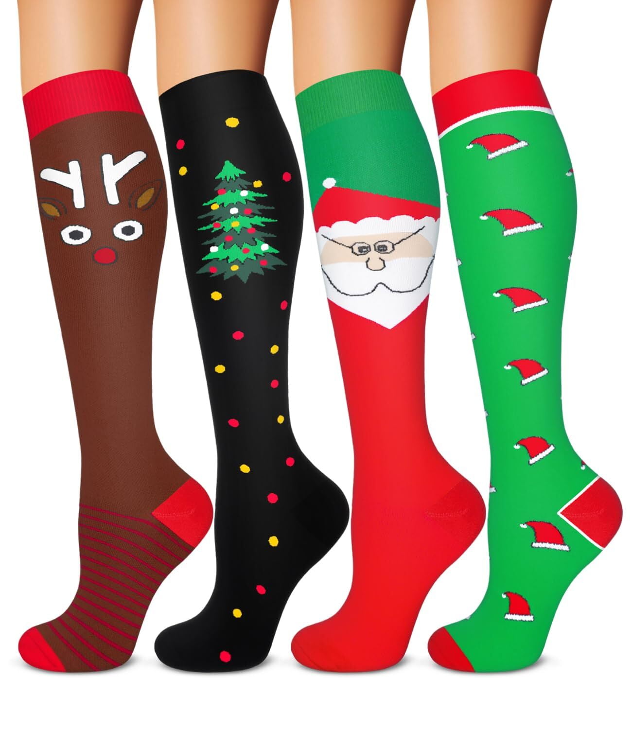 4 Pairs Christmas Compression Socks for Women & Men Circulation 15-20 ...