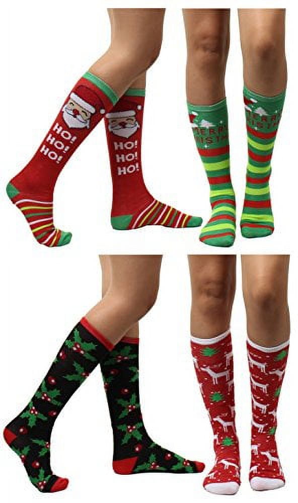 4 Pairs Christmas Holiday Knee High Socks,Assorted Colors & Designs ...