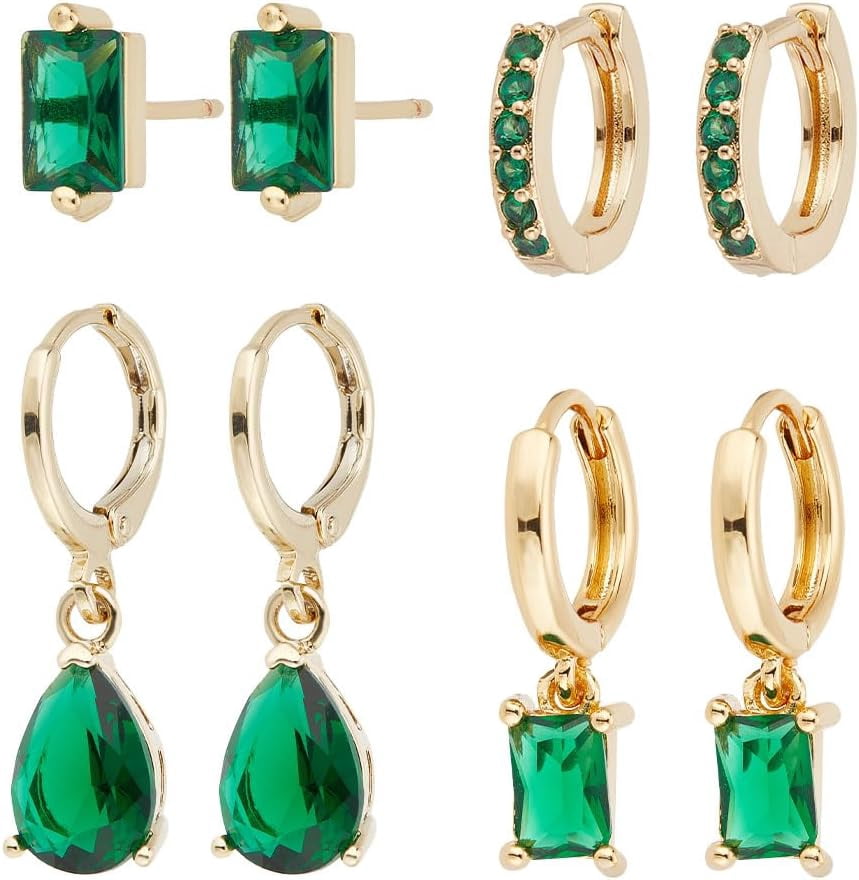 4 Pairs Emerald Green Earring Set Green Huggie Earrings Small Gold Hoop ...