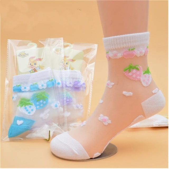 4 Pairs Girls Socks 2024 New Summer Glass Silk Butterfly Strawberry ...