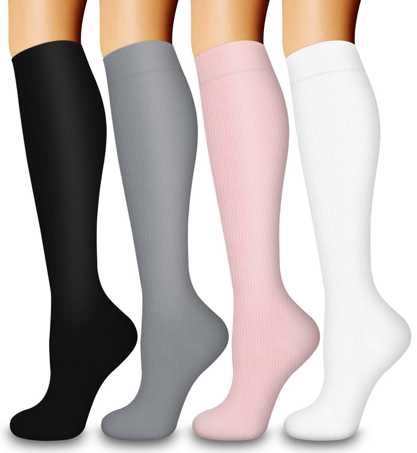 4 Pairs Medical Sport Compression Socks for Women & Men - 15-20mmhg Graduated Knee-High Support ...