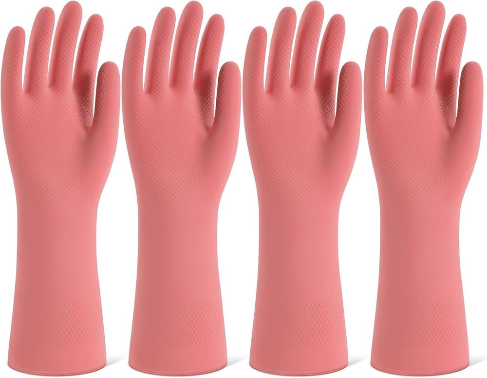 4 Pairs Medium Pink Flocked Lining Rubber Dish Gloves, Non-Slip ...