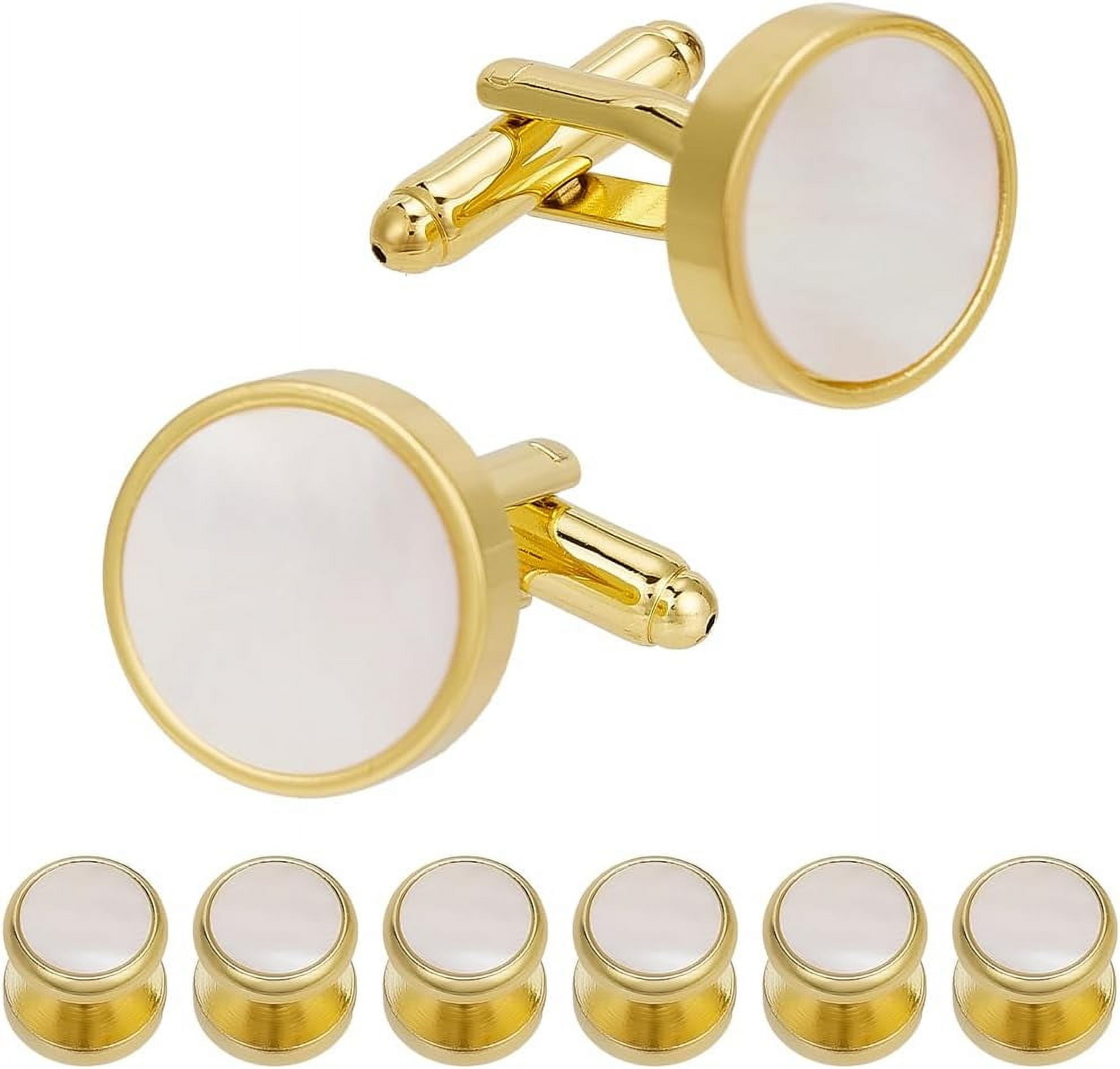 4 Pairs Natural Shell Cufflinks for Men 2 Styles Brass Flat Round Cuff ...