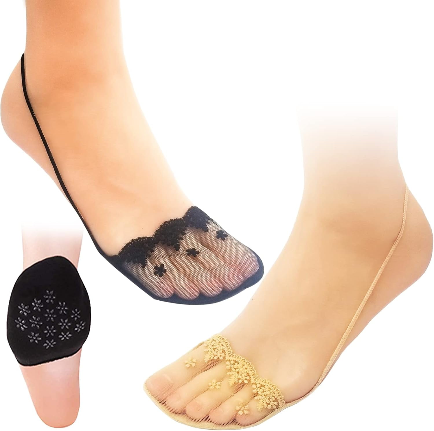 4 Pairs Non-Slip Breathable Lace No Show Socks, Toe Topper Half Socks ...