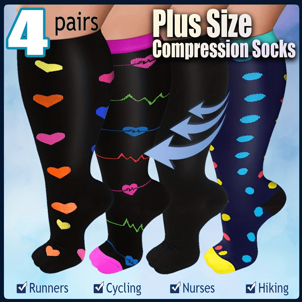 4 Pairs Plus Size Compression Socks Wide Calf for Men Women Knee ...