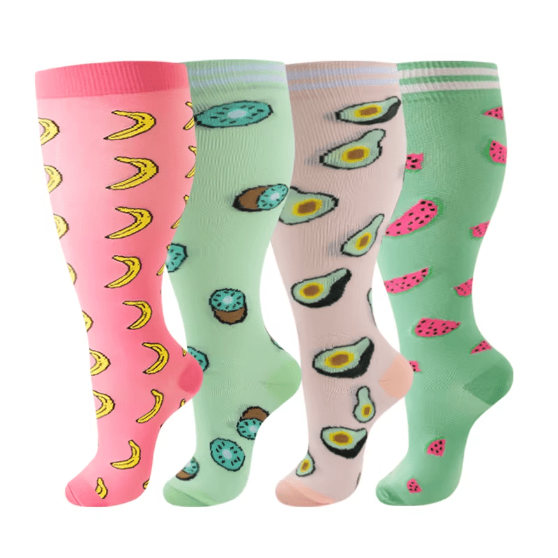 4 Pairs Plus Size Spring Color Foral Animal Fruit Printed Compression ...