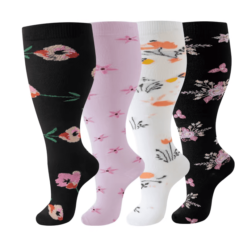 4 Pairs Plus Size Spring Color Foral Animal Fruit Printed Compression ...