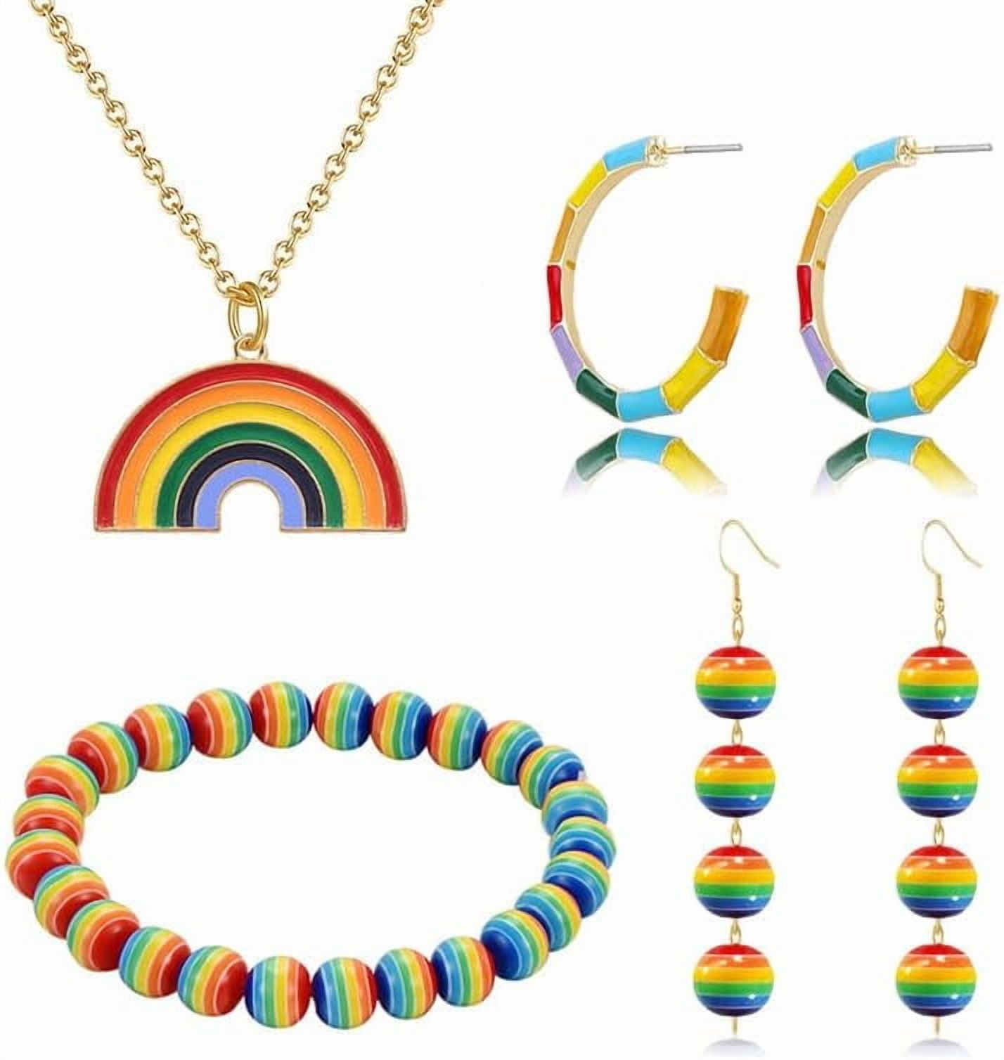 4 Pairs Rainbow Earrings Necklace Bracelet Set for Women Boho Gay ...