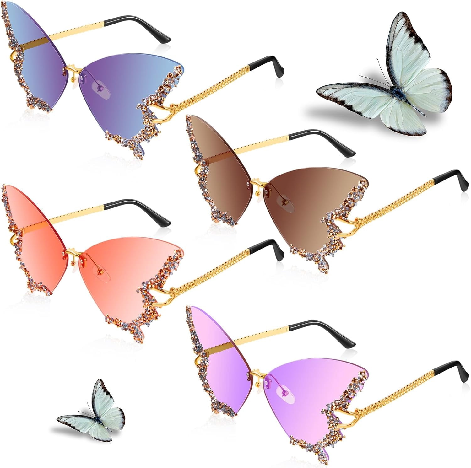 4 Pairs Rimless Butterfly Sunglasses Rhinestone Bling Sun Glasses Trend ...