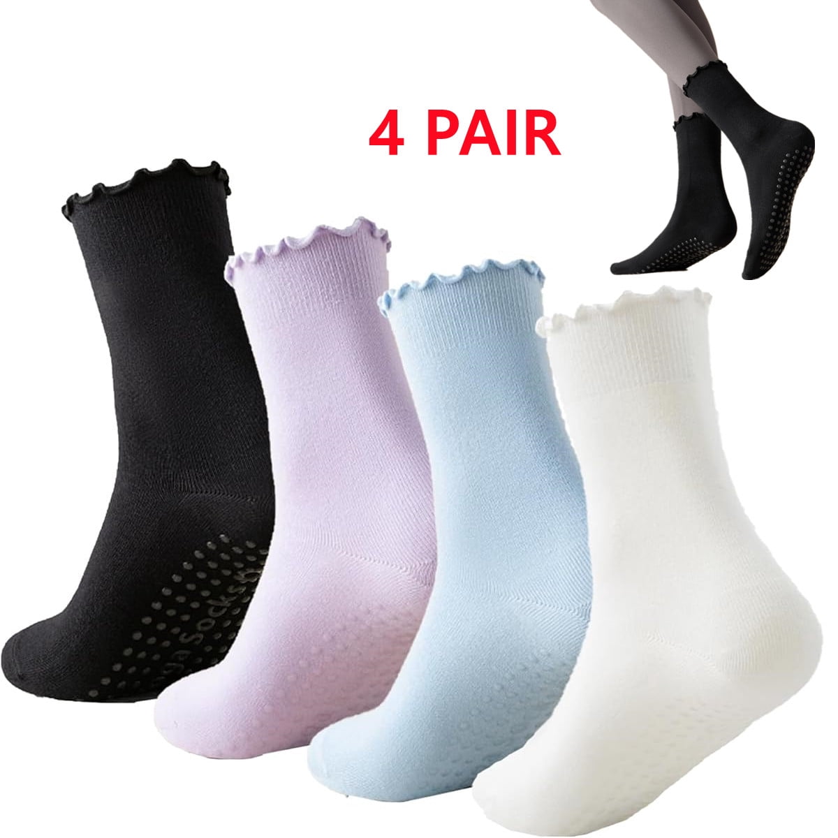 4 Pairs Ruffle Grip Pilates Socks for Women Yoga Scrunch Slouch Non ...