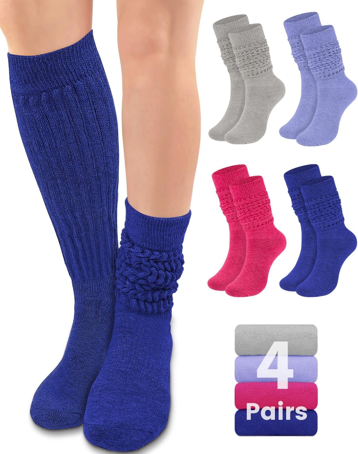 4 Pairs Slouch Socks for Women with Cushioned, Warm Extra Long Scrunch Cotton Knit Knee High ...