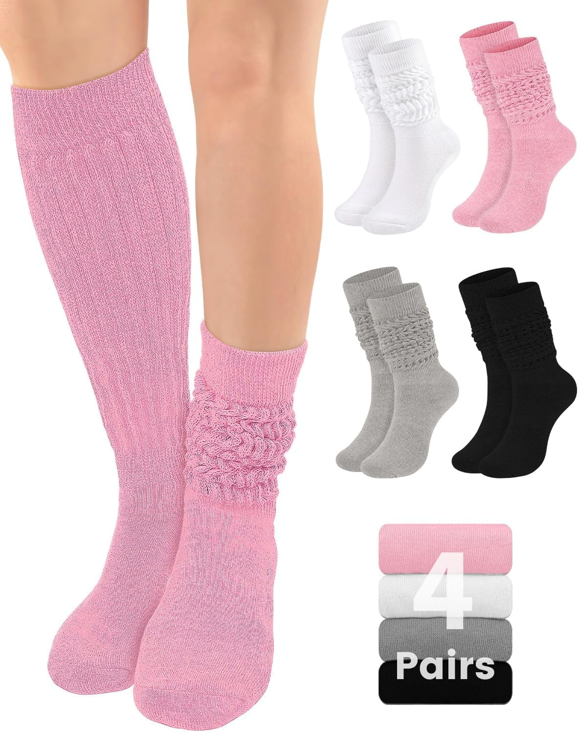 4 Pairs Slouch Socks for Women with Cushioned, Warm Extra Long Scrunch ...