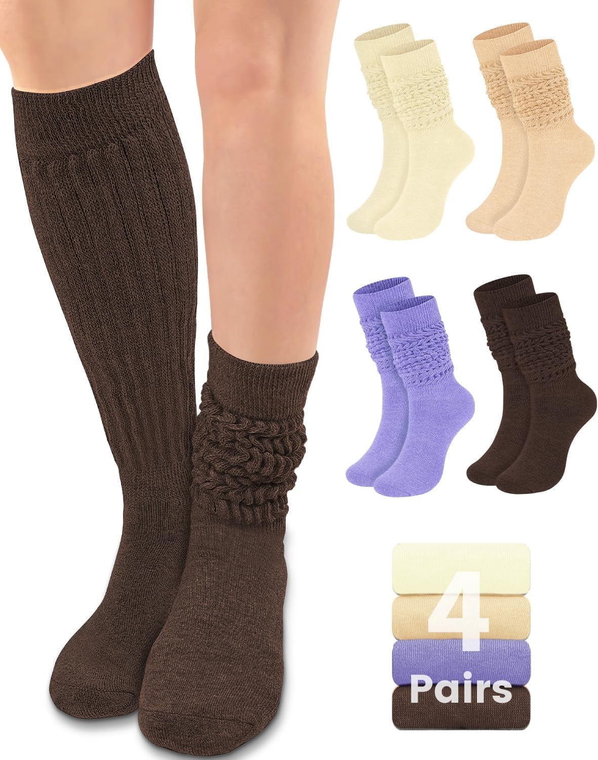 4 Pairs Slouch Socks for Women with Cushioned, Warm Extra Long Scrunch ...