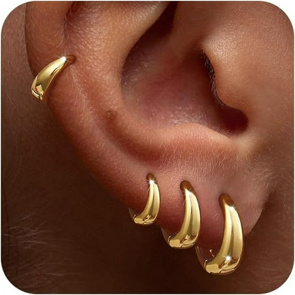 3 Pairs Chunky Hoop Earrings for Women 14K Gold Plated Hypoallergenic ...