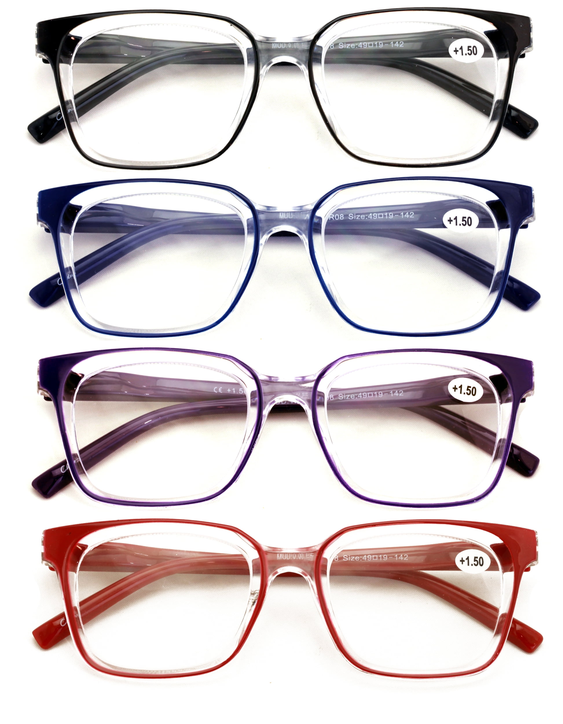 V.W.E Transparent Reading Glasses, 4 Pairs, Spring Hinge, Clear Lens ...