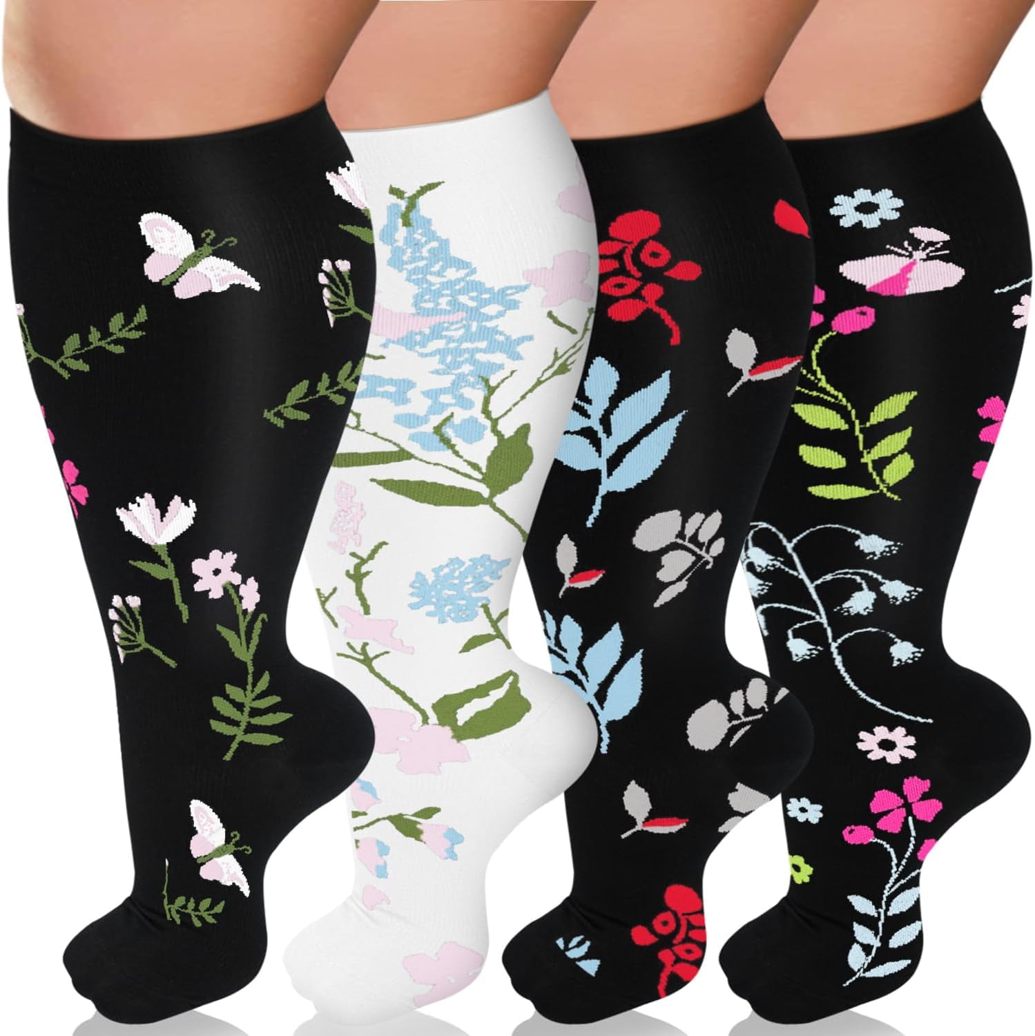 4 Pairs Wide Calf Compression Socks for Women Men Circulation Plus Size ...
