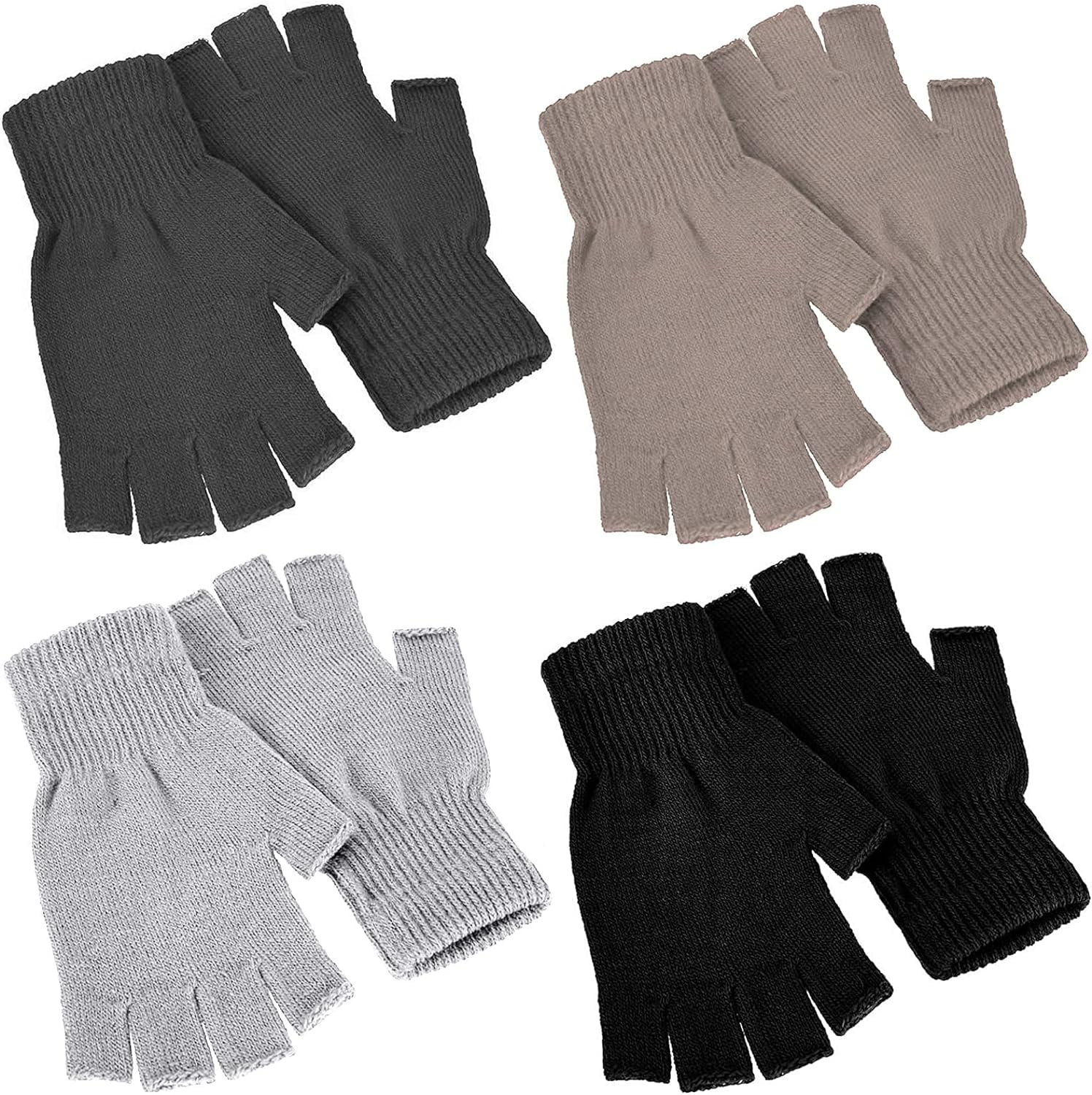 4 Pairs Winter Half Finger Gloves Knitted Fingerless Mittens Warm ...