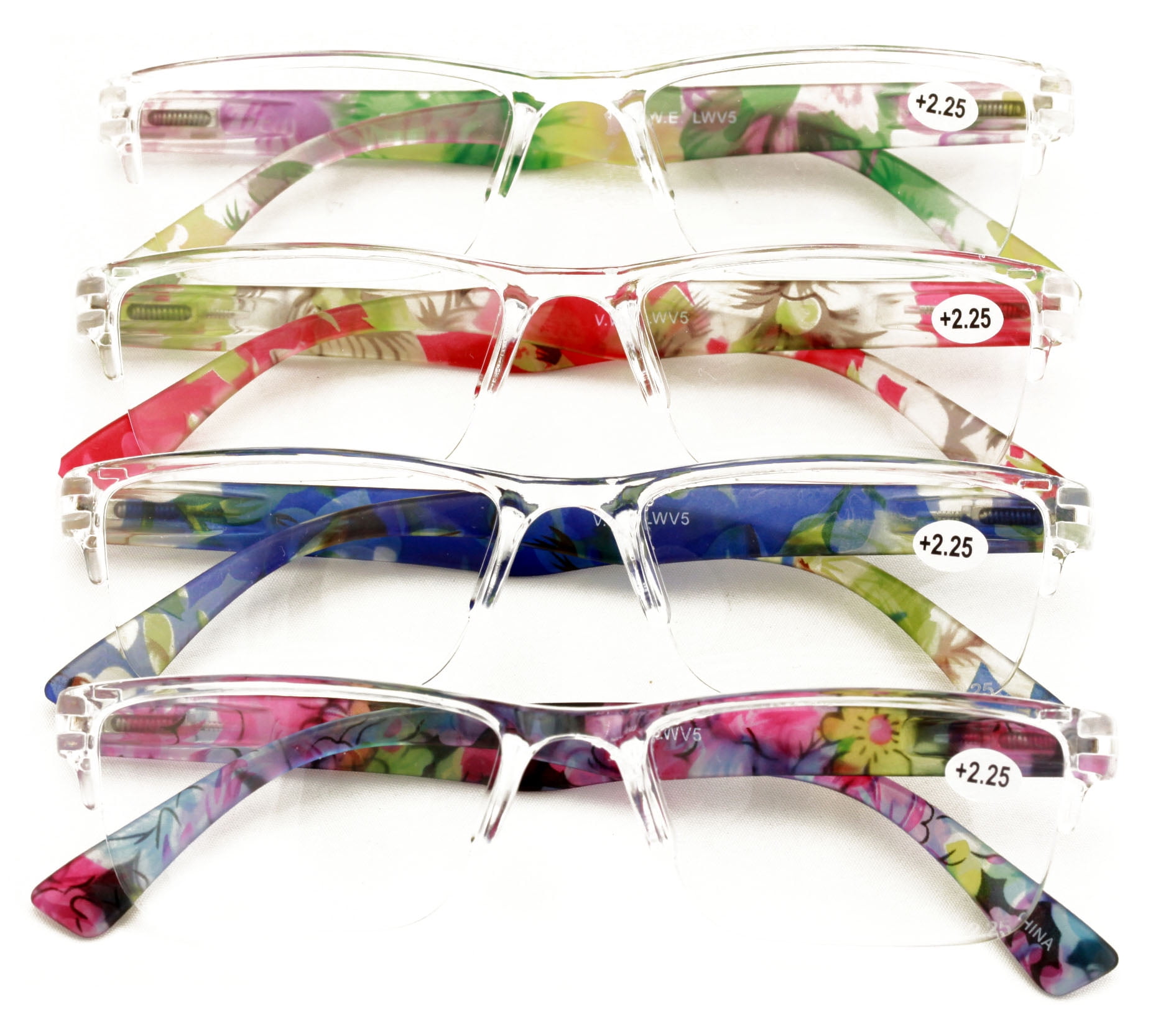4 Pairs Women Lightweight Rectangular Floral Reading Glasses - Clear ...
