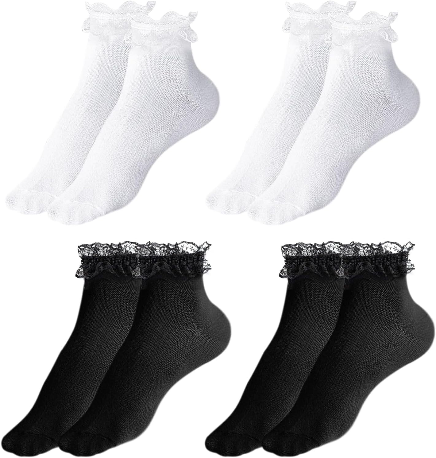 4 Pairs Women's Ruffle Socks,Ankle Socks Adult,Ruffled Socks,Black ...